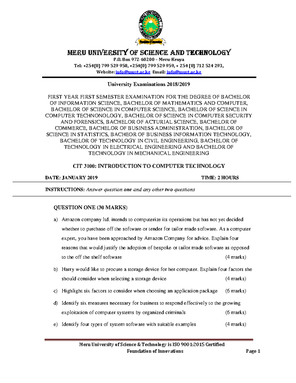 EIT 3100 Introduction to computer Technology - Meru University of ...