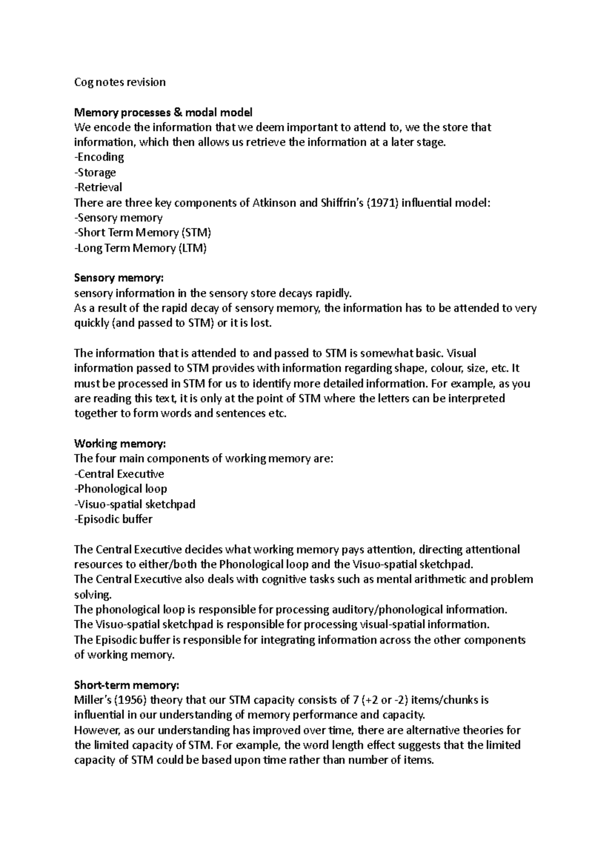 Cog notes revision 1 - Cog notes revision Memory processes & modal ...