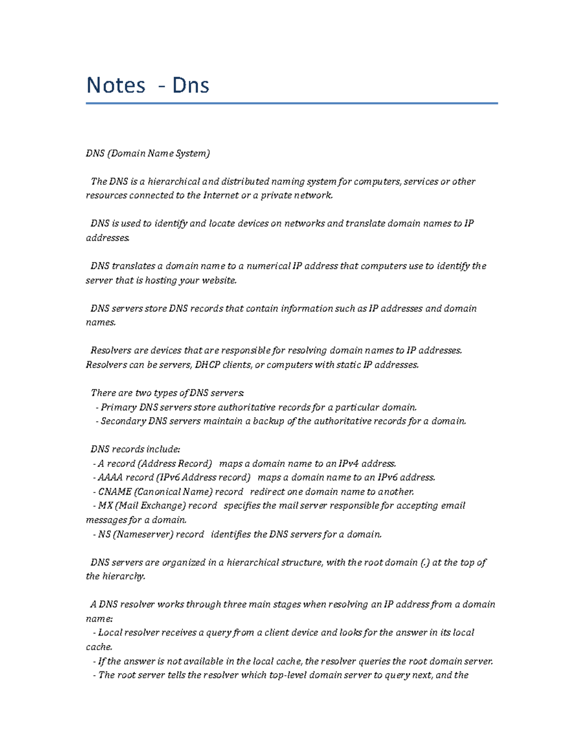 Lecture notes - Dns - Notes - Dns DNS (Domain Name System) The DNS is a ...
