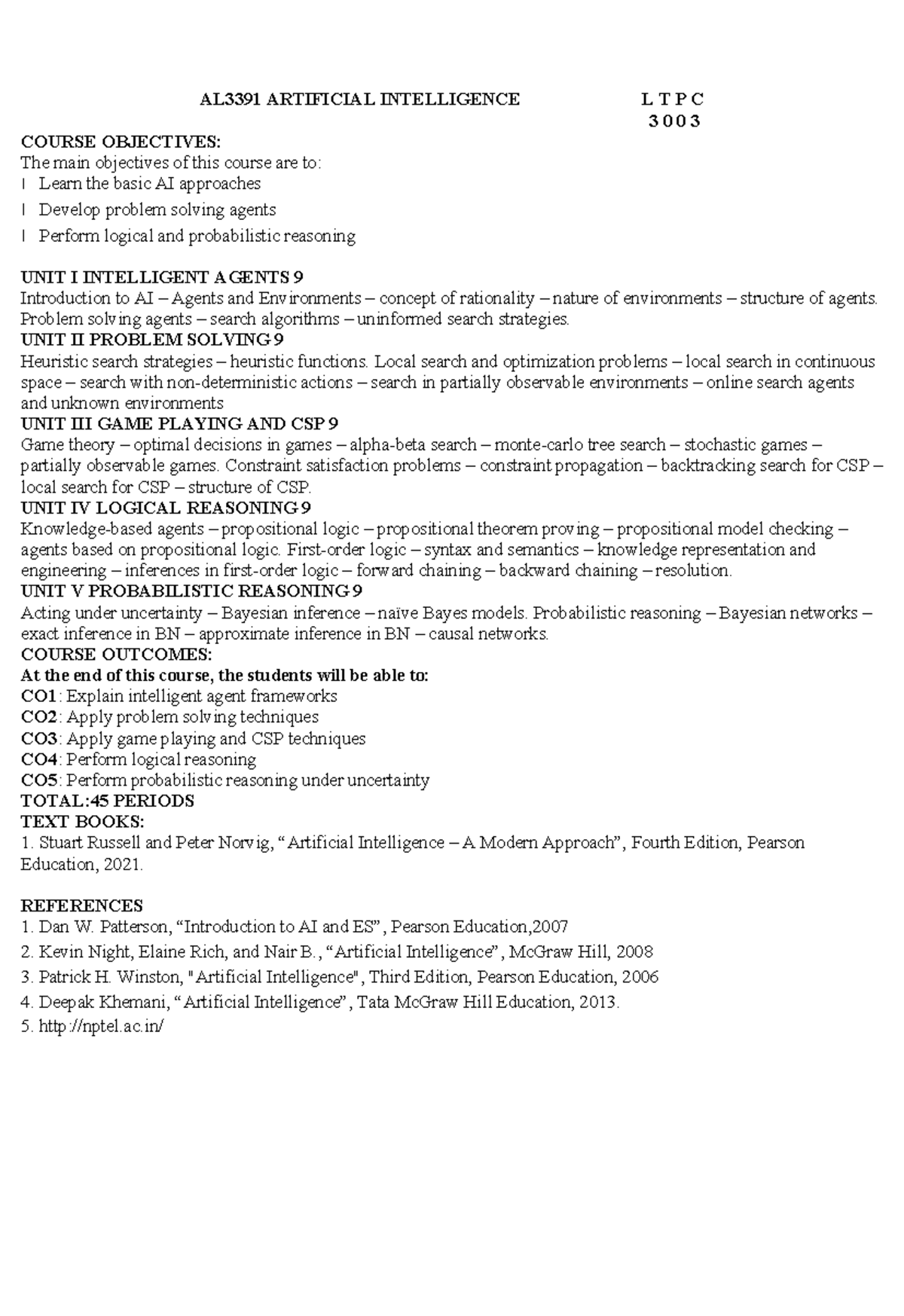 AL3391 Artificial Intelligence - AL3391 ARTIFICIAL INTELLIGENCE L T P C 3 0 0 3 COURSE ...