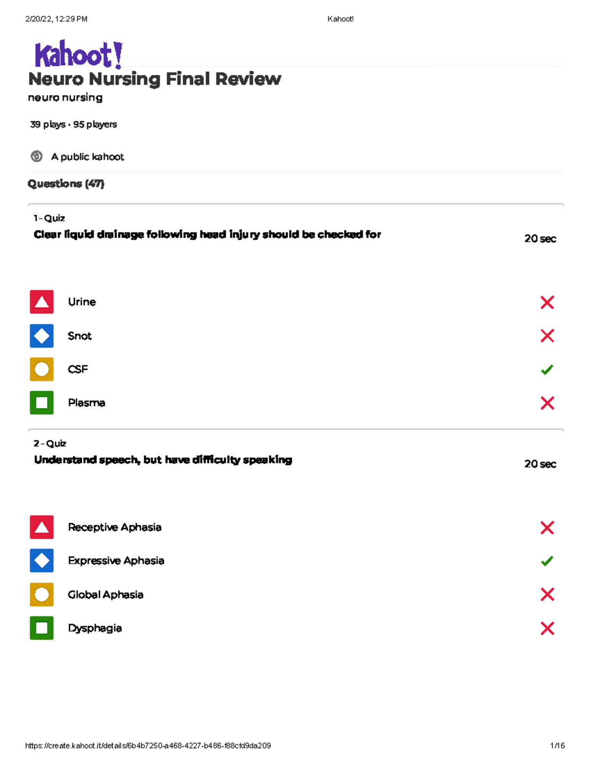 Kahoot neuro 1 - Neuro Nursing Final Review neuro nursing 39 plays • 95 ...