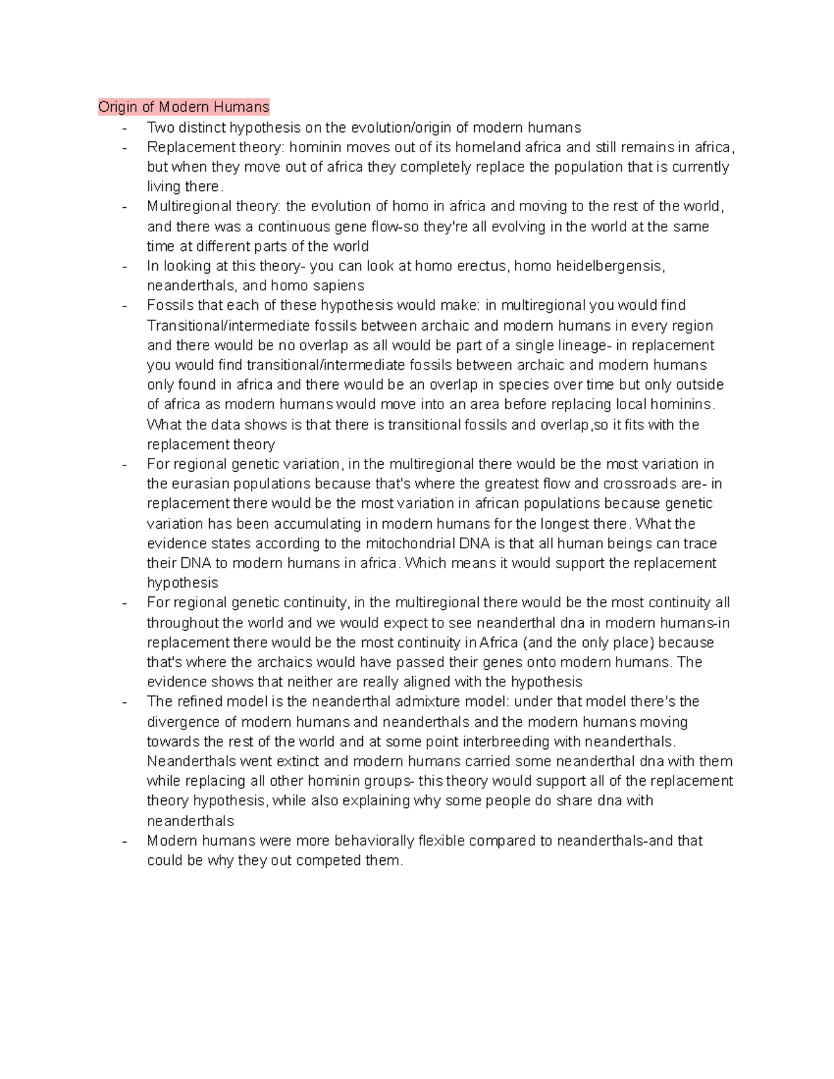 Origin of Modern Humans notes - Origin of Modern Humans - Two distinct ...