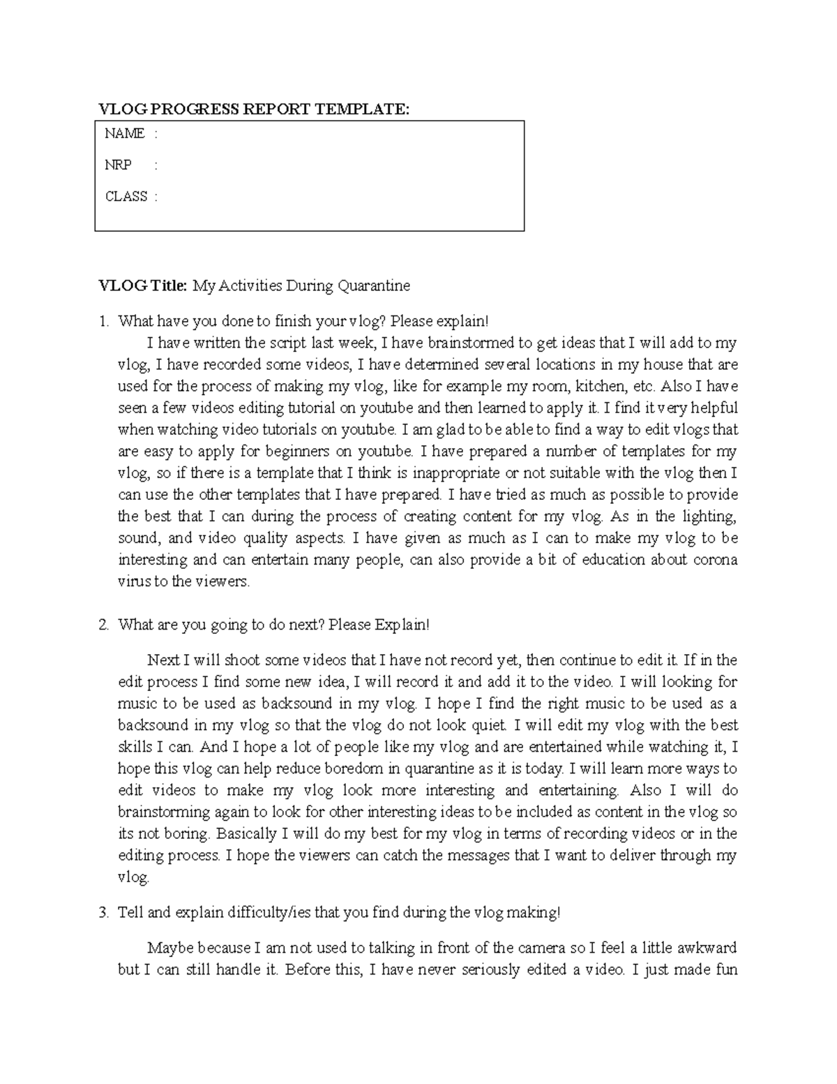VLOG Progress Report - VLOG PROGRESS REPORT TEMPLATE: VLOG Title: My ...
