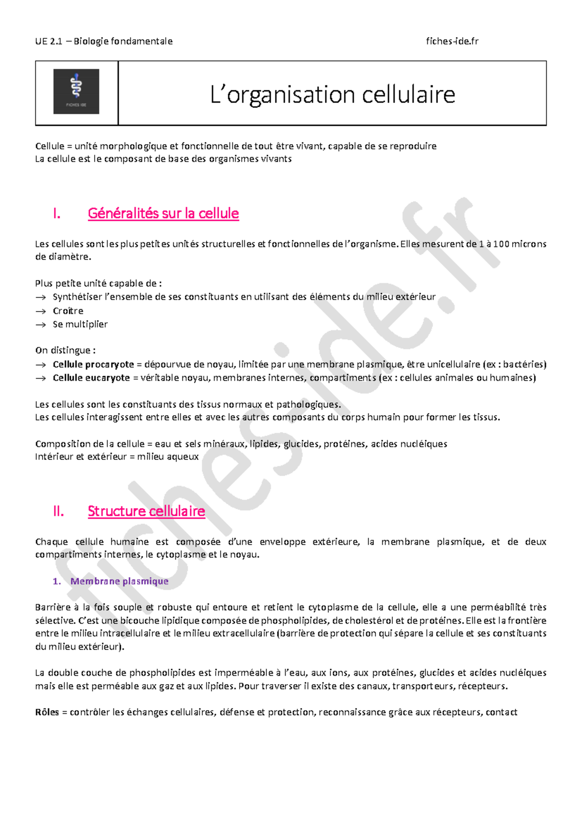 1 - cellule - UE 2 – Biologie fondamentale fiches-ide L’organisation ...