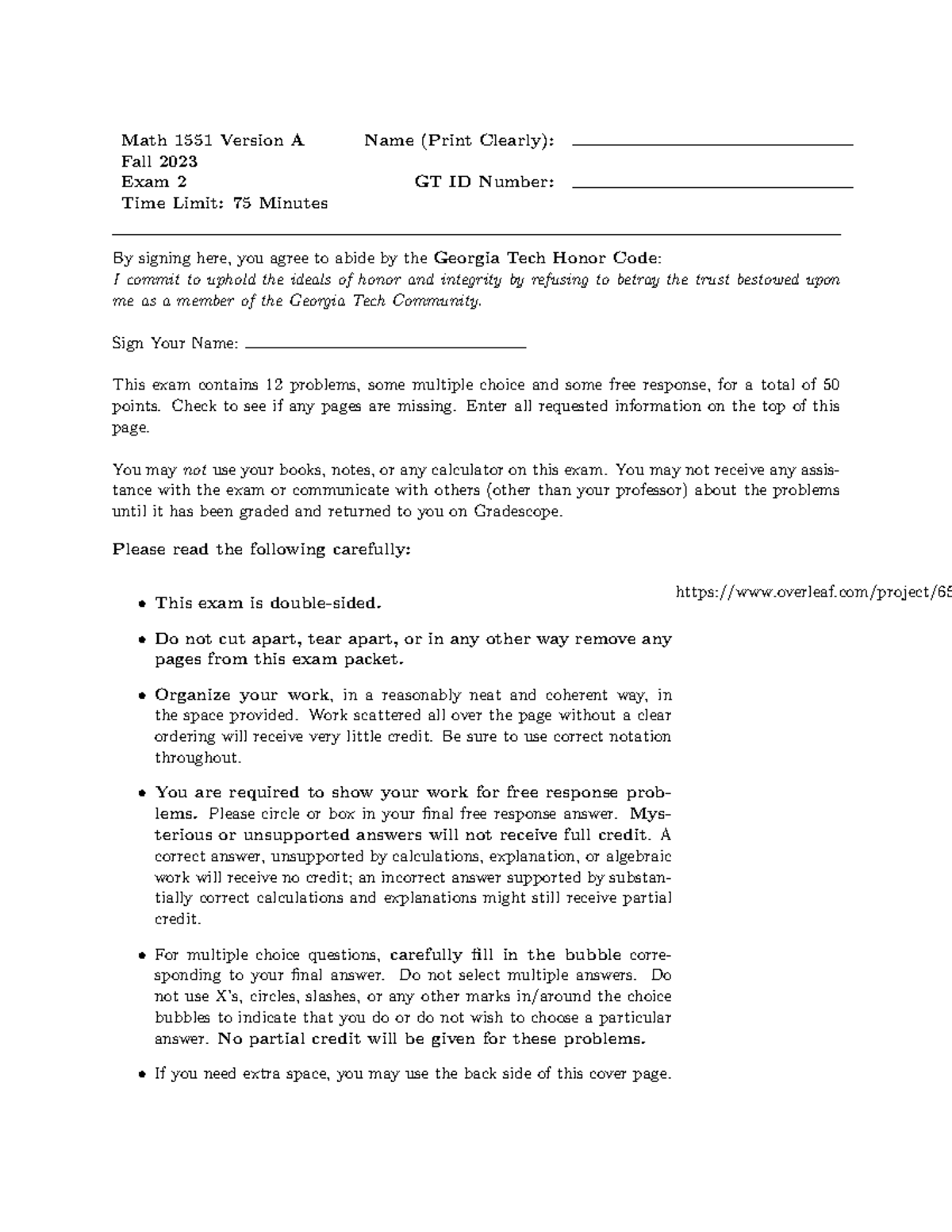 1551 Exam 2 practice - Math 1551 Version A Name (Print Clearly): Fall ...