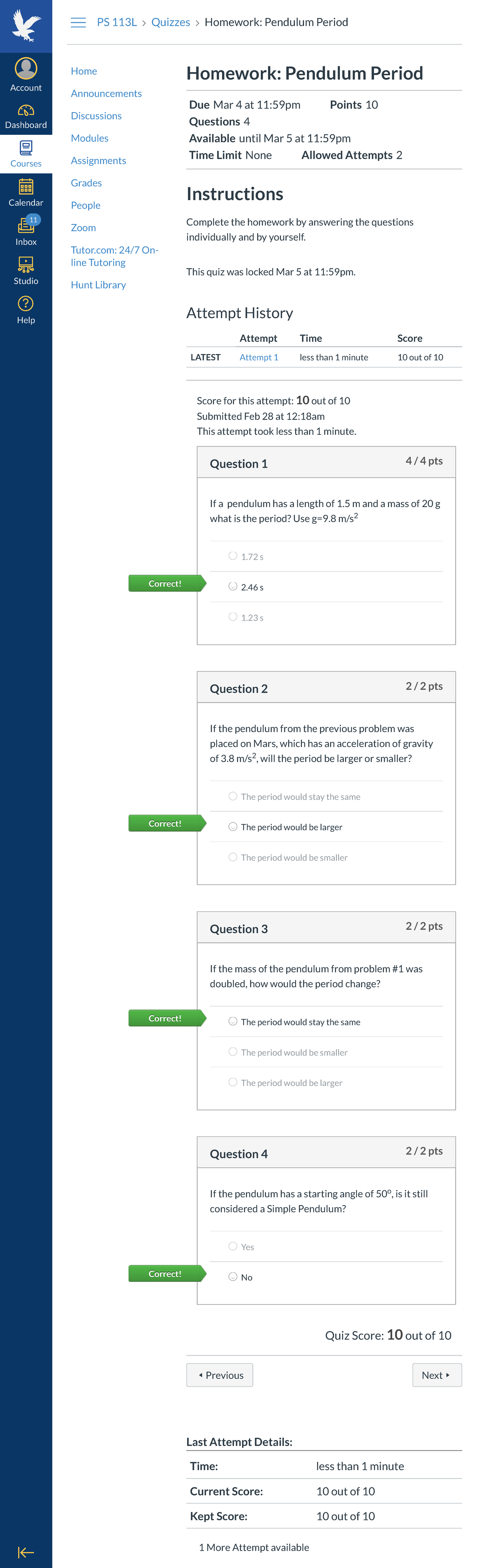 Homework Pendulum Period PS 113L (Set A) Intro Physics I Laboratory ...