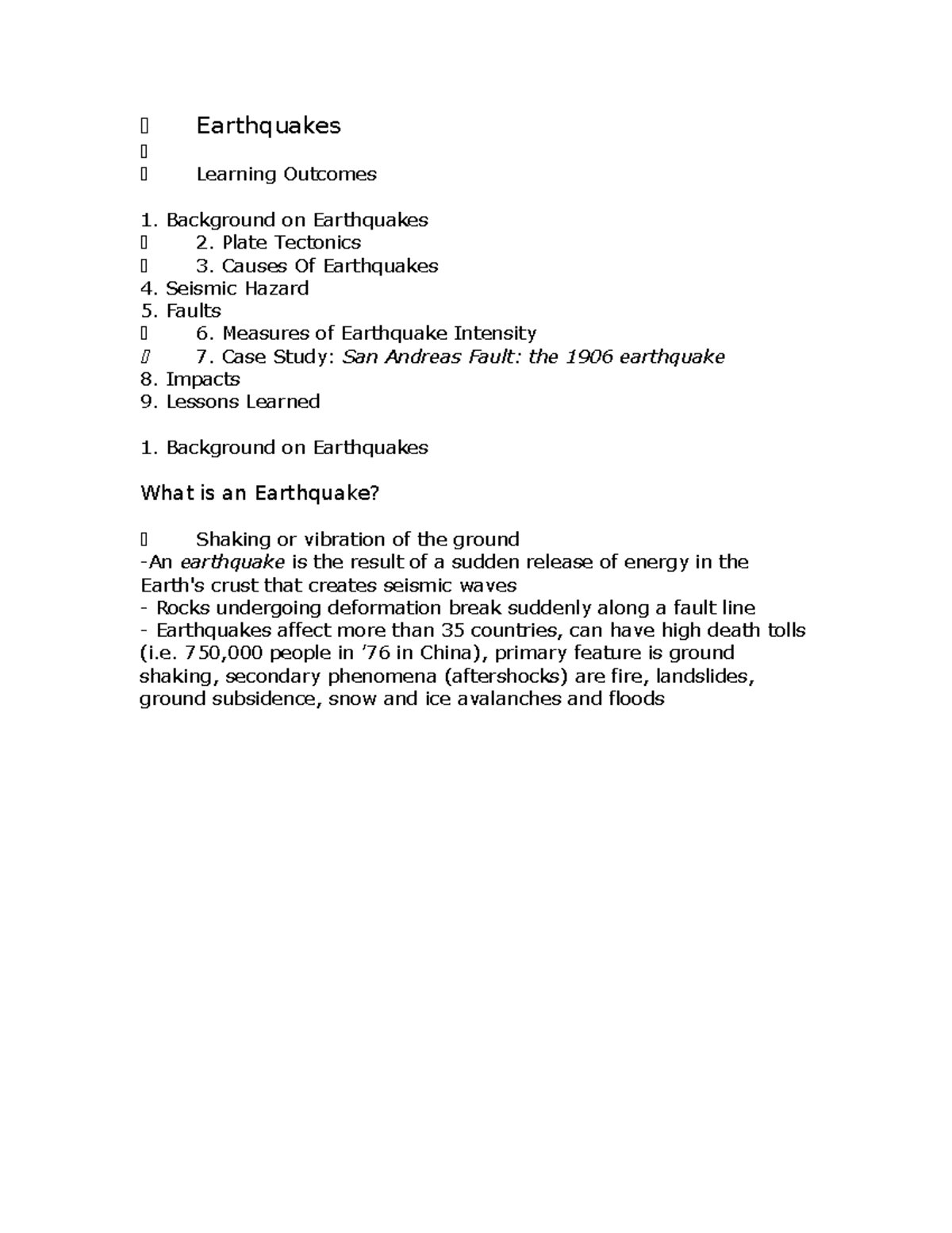 Lecture notes, Earthquakes - Earthquakes Learning Outcomes Background ...
