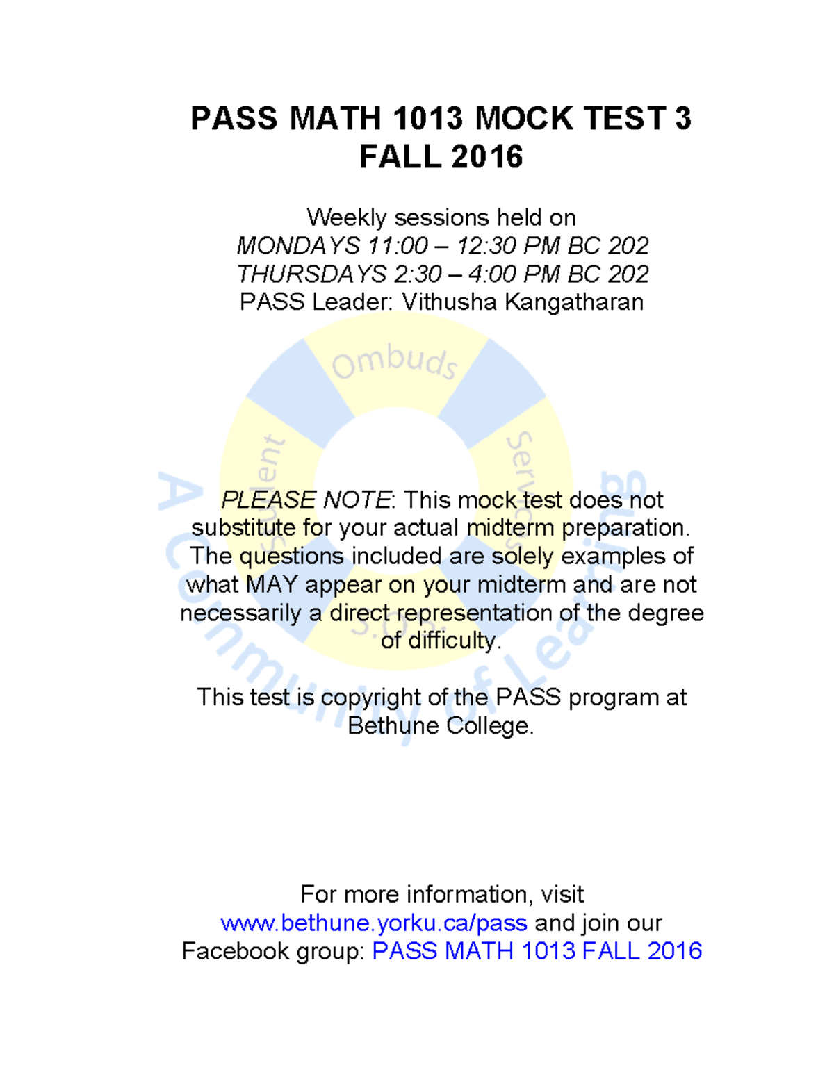 PASS MOCK TEST 3 MATH 1013 2016 - PASS MATH 1013 MOCK TEST 3 FALL 2016 ...