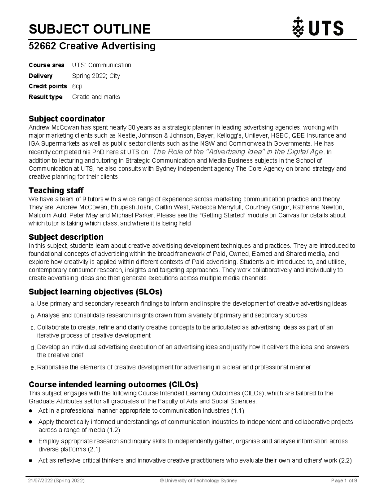 PDFs - Creative advertising subject outline - SUBJECT OUTLINE 52662 ...