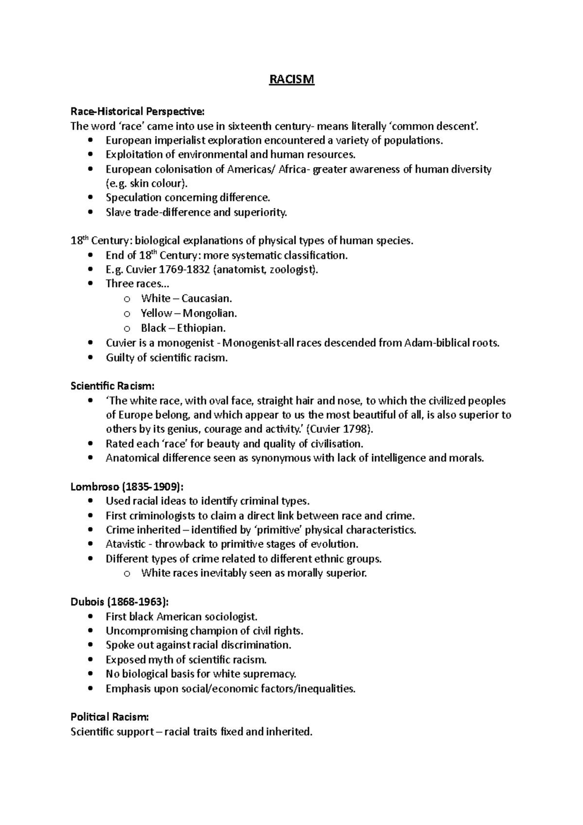 Racism - Lecture notes 1 - RACISM Race-Historical Perspective: The word ...