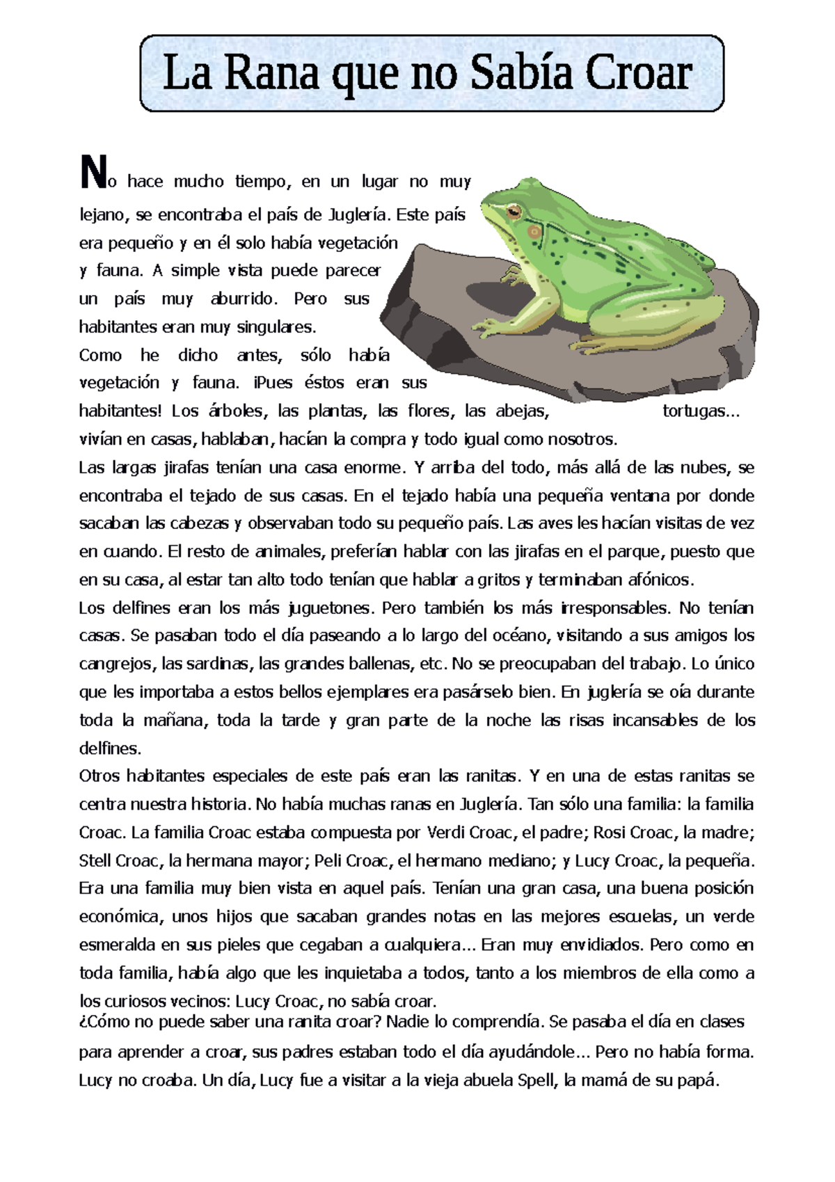 1 La Rana que no Sabía Croar para Tercero - No hace mucho tiempo, en un ...