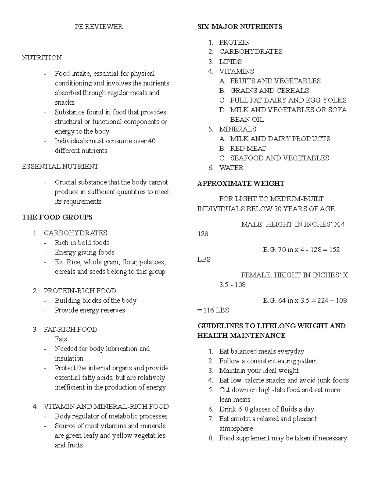 PE- Reviewer - PE REVIEWER NUTRITION Food intake, essential for ...