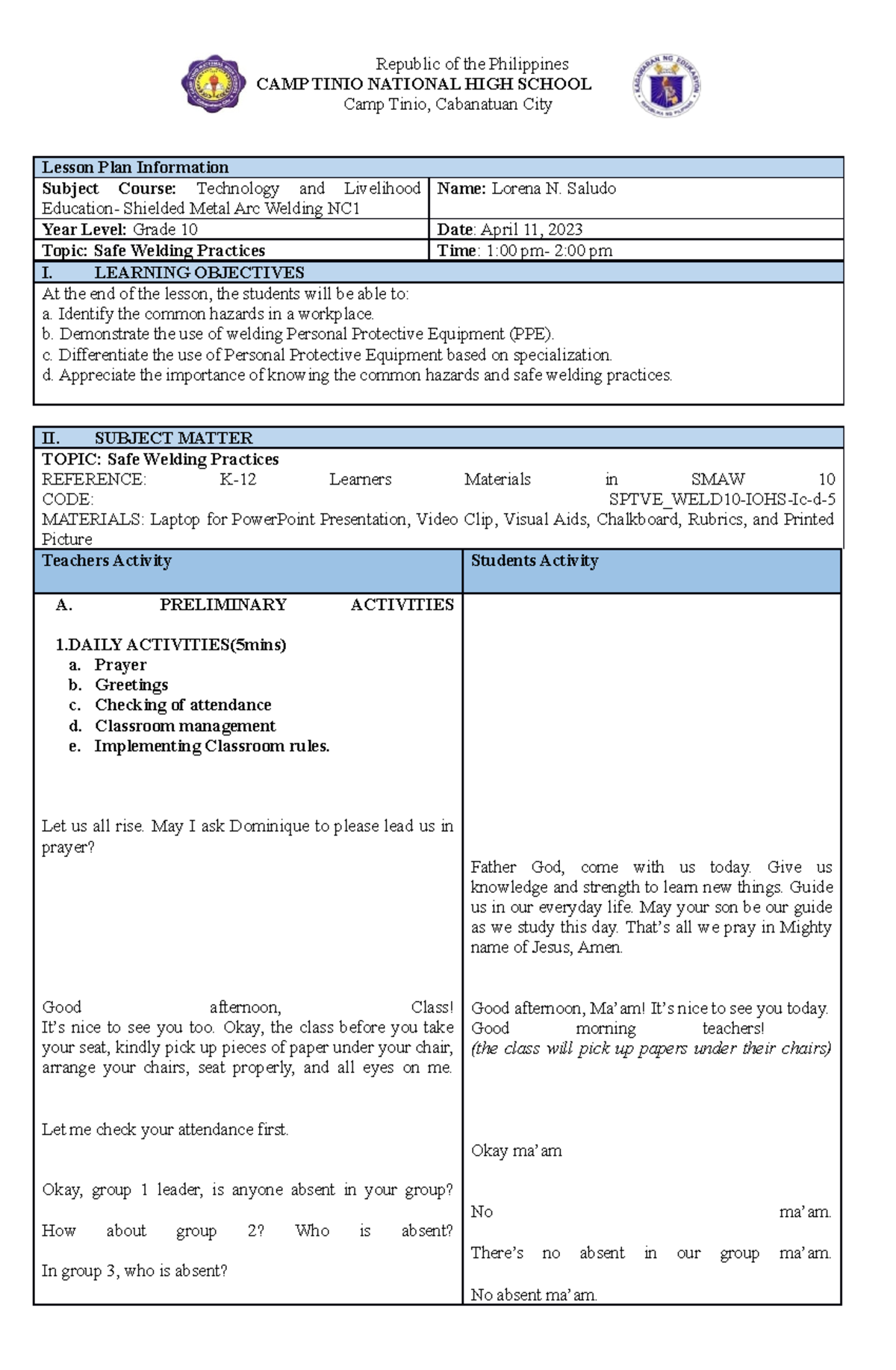 To print page 9 only - lesson plan - Republic of the Philippines CAMP ...