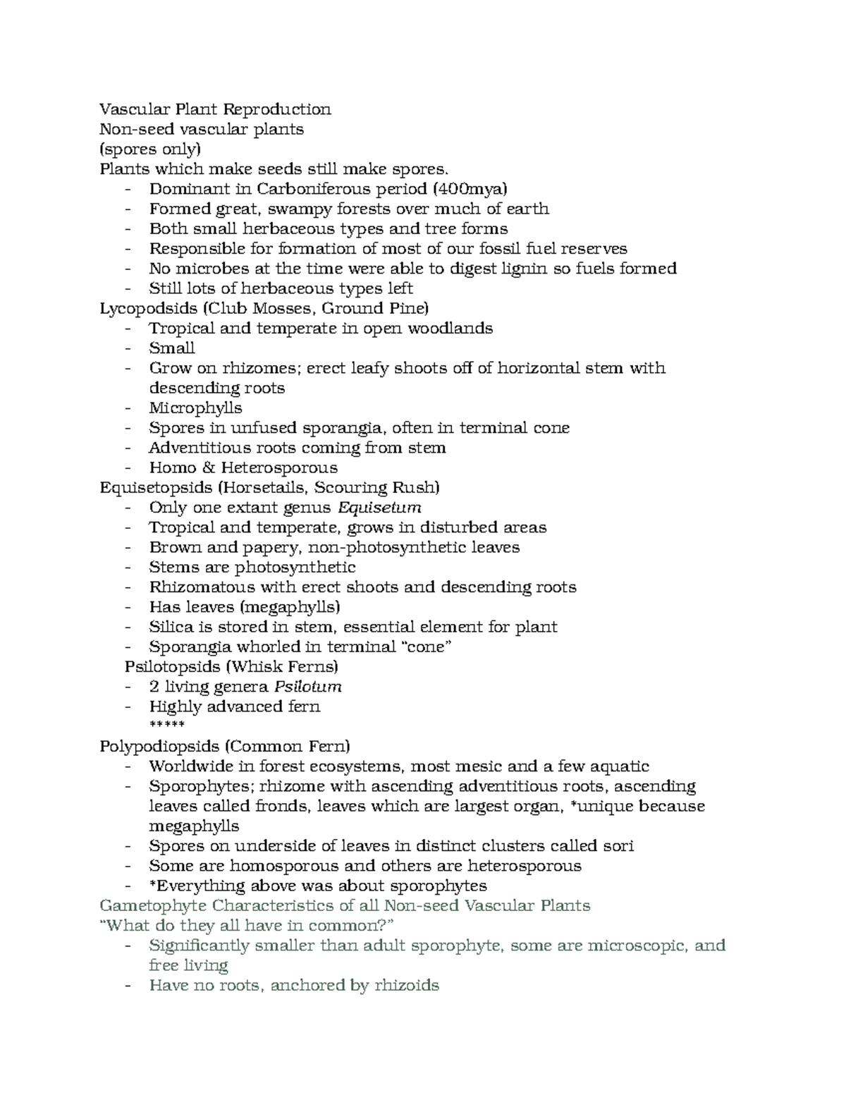 Botany Unit 3 Notes - Vascular Plant Reproduction Non-seed vascular ...