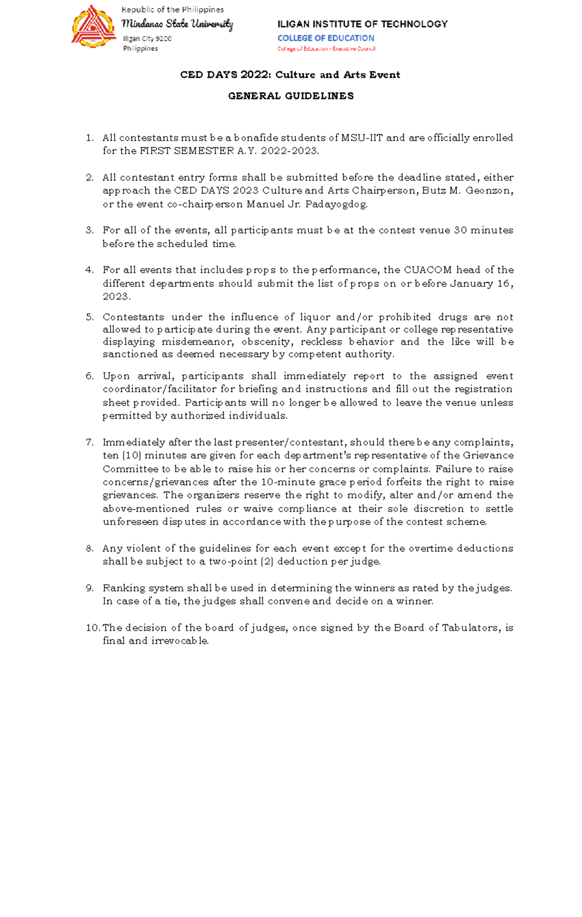 CUA Events Guidelines CED DAYS 2023 - CED DAYS 2022: Culture and Arts ...