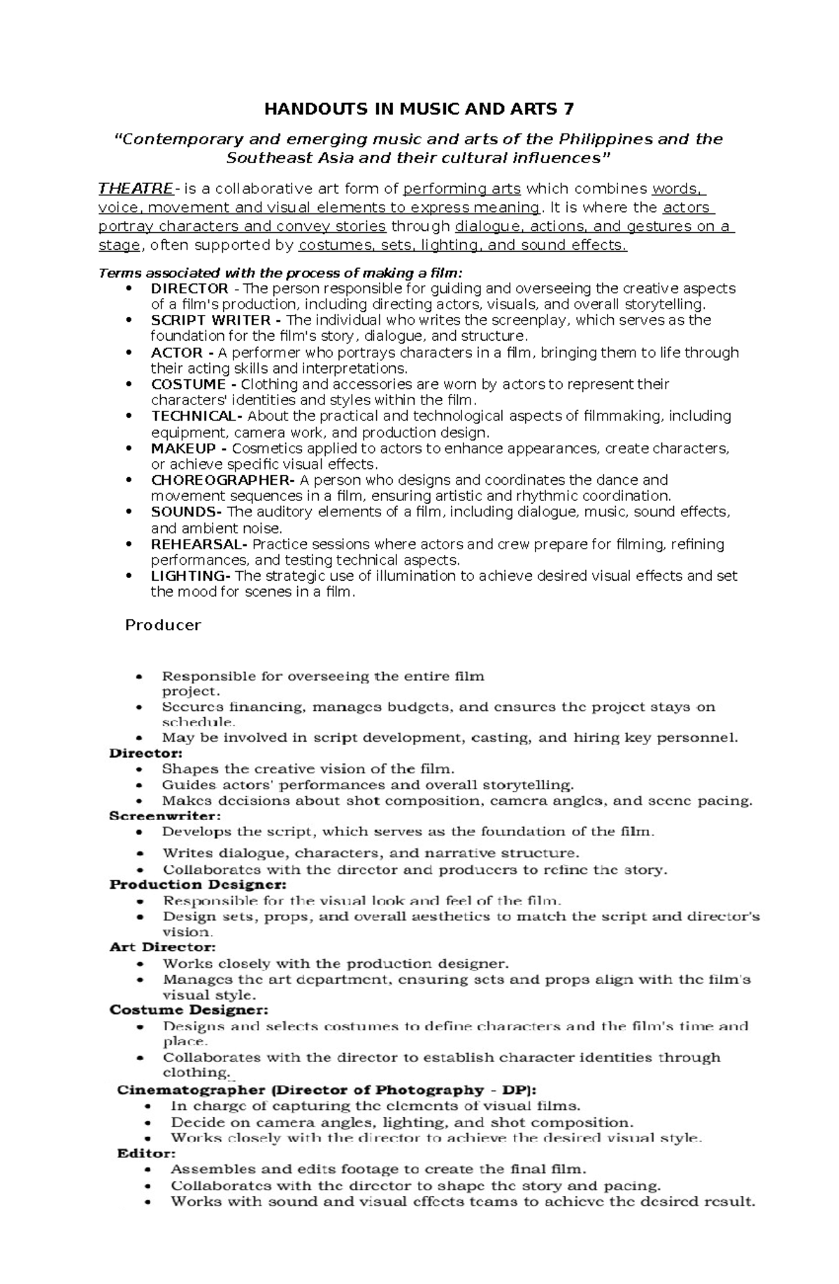 Handouts IN Theater ARTS - HANDOUTS IN MUSIC AND ARTS 7 “Contemporary ...