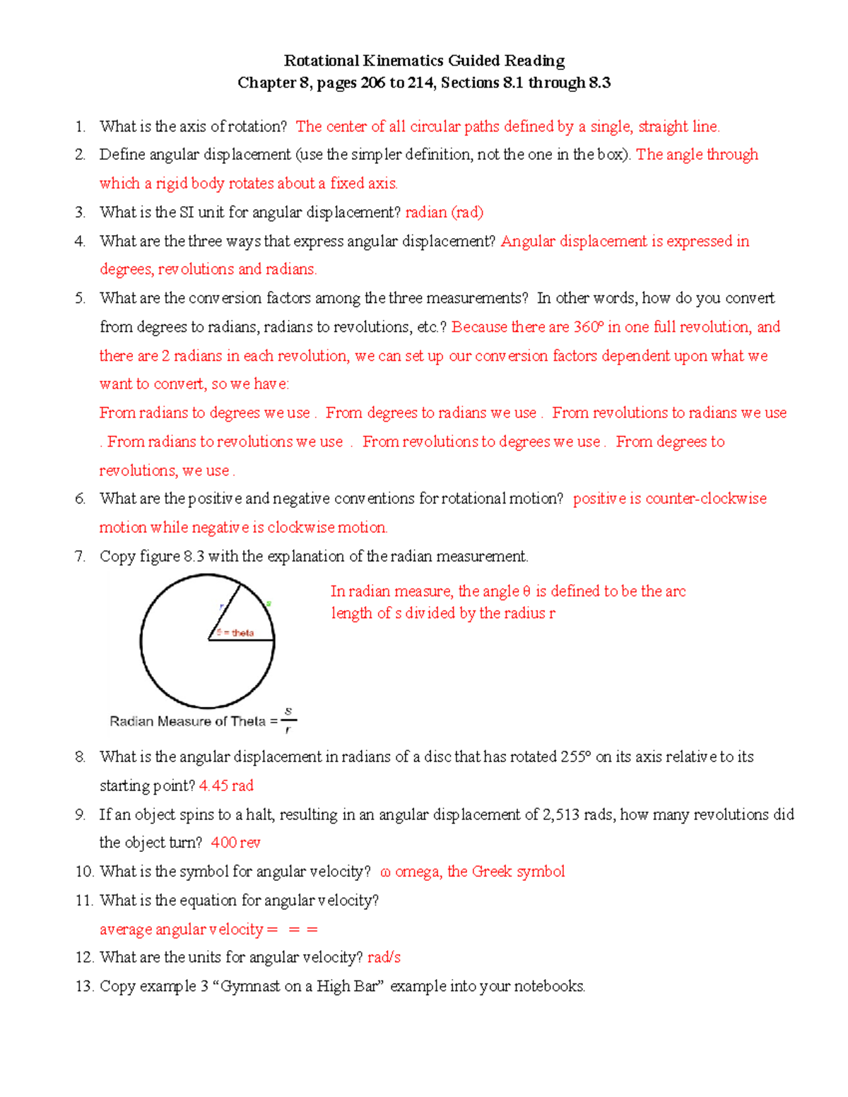 Rotational Kinematics Guided Reading Key - Rotational Kinematics Guided ...