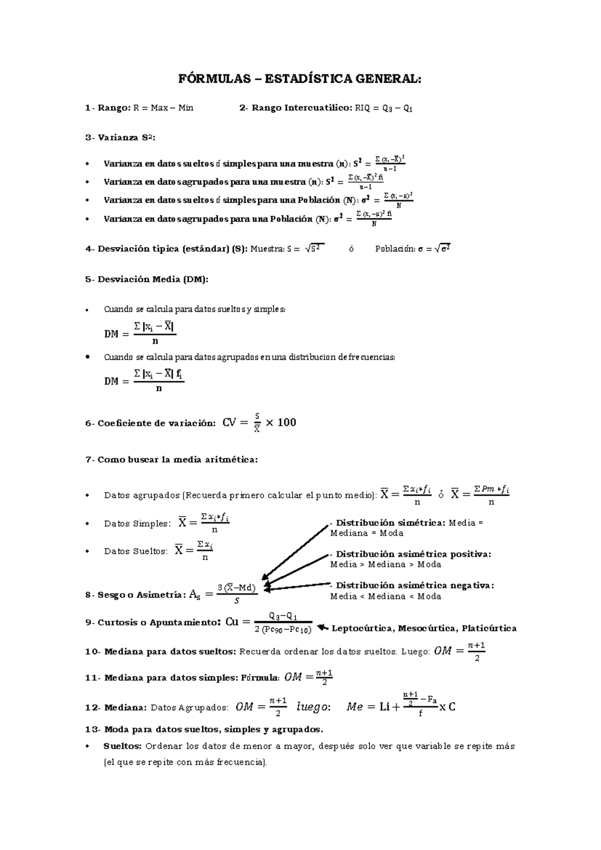 Formulas - Estadistica General - FÓRMULAS – ESTADÍSTICA GENERAL: 1 ...