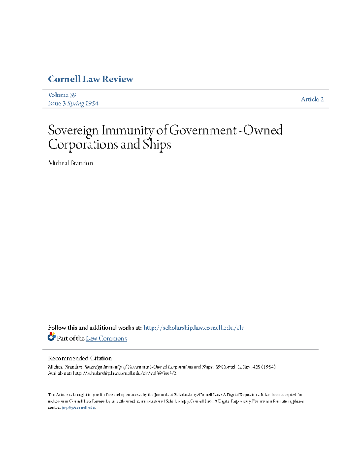 Sovereign Immunity of Government -Owned Corporations and Ships ...