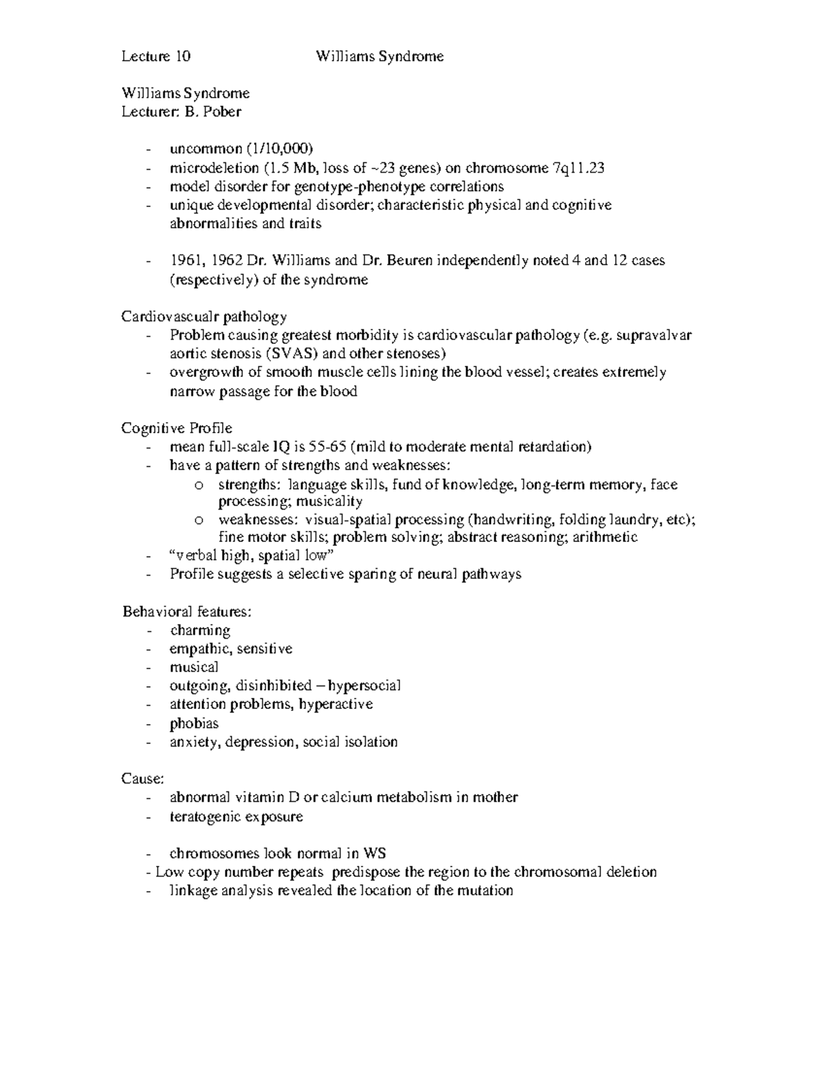 Williams syndrome - Lecture 10 Williams Syndrome Williams Syndrome ...