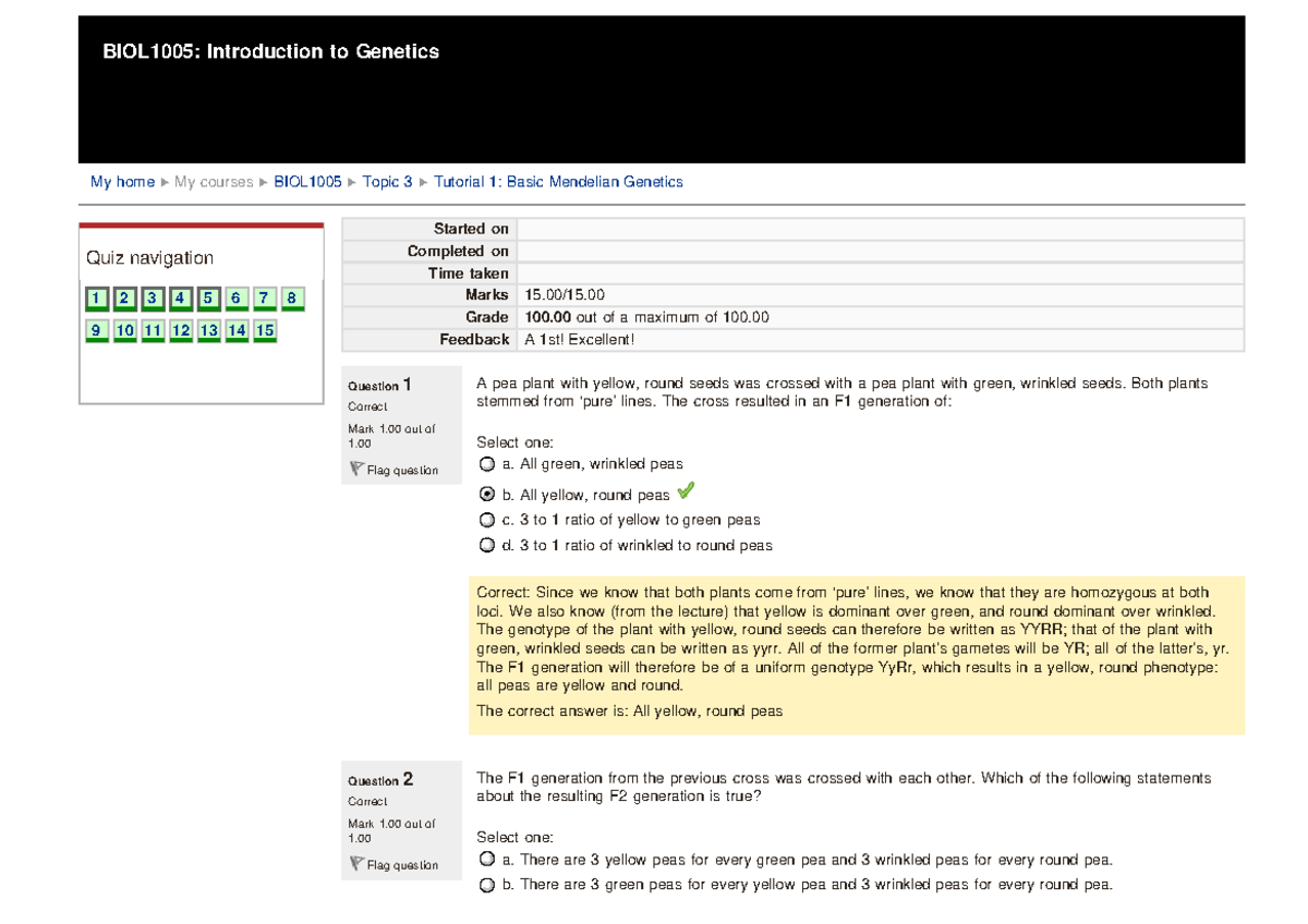 Tutorial 1 Basic Mendelian Genetics - My home My courses BIOL1005 Topic 3 Tutorial 1: Basic ...