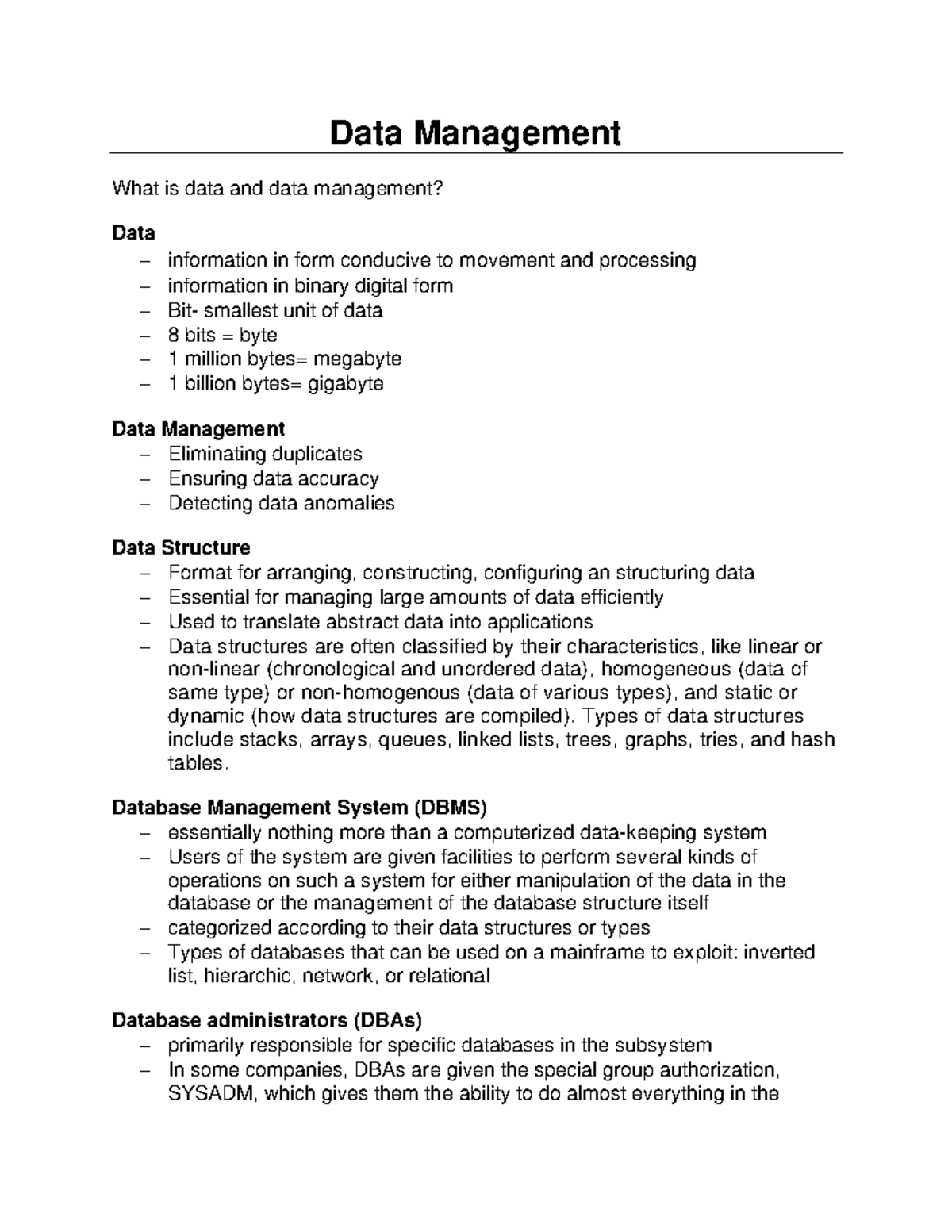 (CIS) Data Management and Database Security - Data Management What is ...