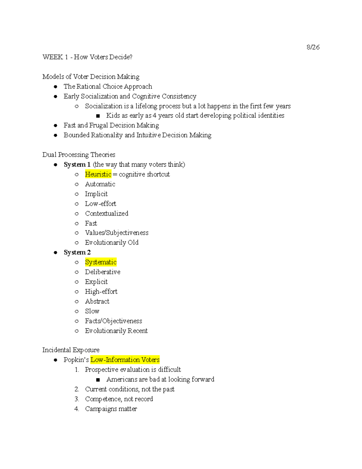 Campaign Politics Notes - 8/ WEEK 1 - How Voters Decide? Models of ...