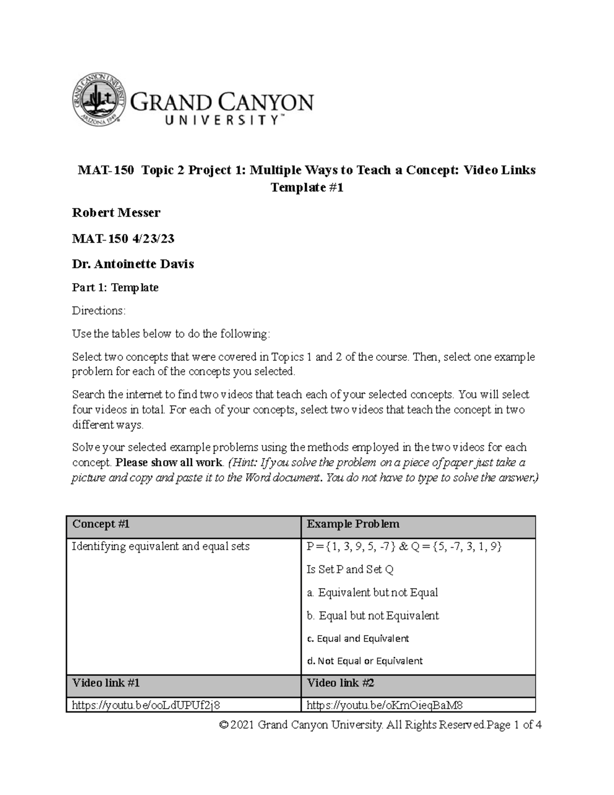 MAT-150-T2-Project 1-Multiple Ways to Teach a Concept Video Links ...