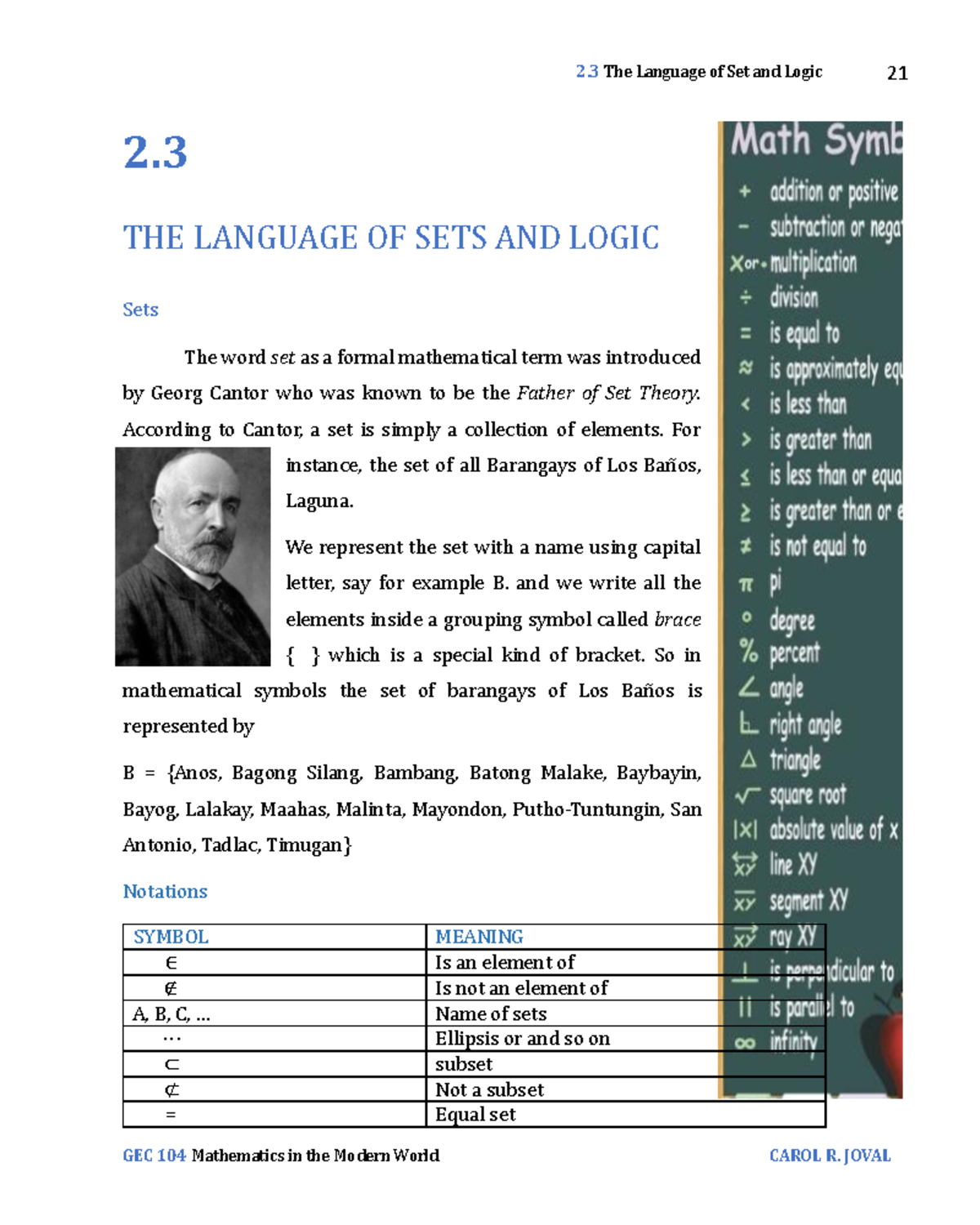 2.3-Learning-Module - hahahhahaha - 3 The Language of Set and Logic GEC 104 Mathematics in the ...