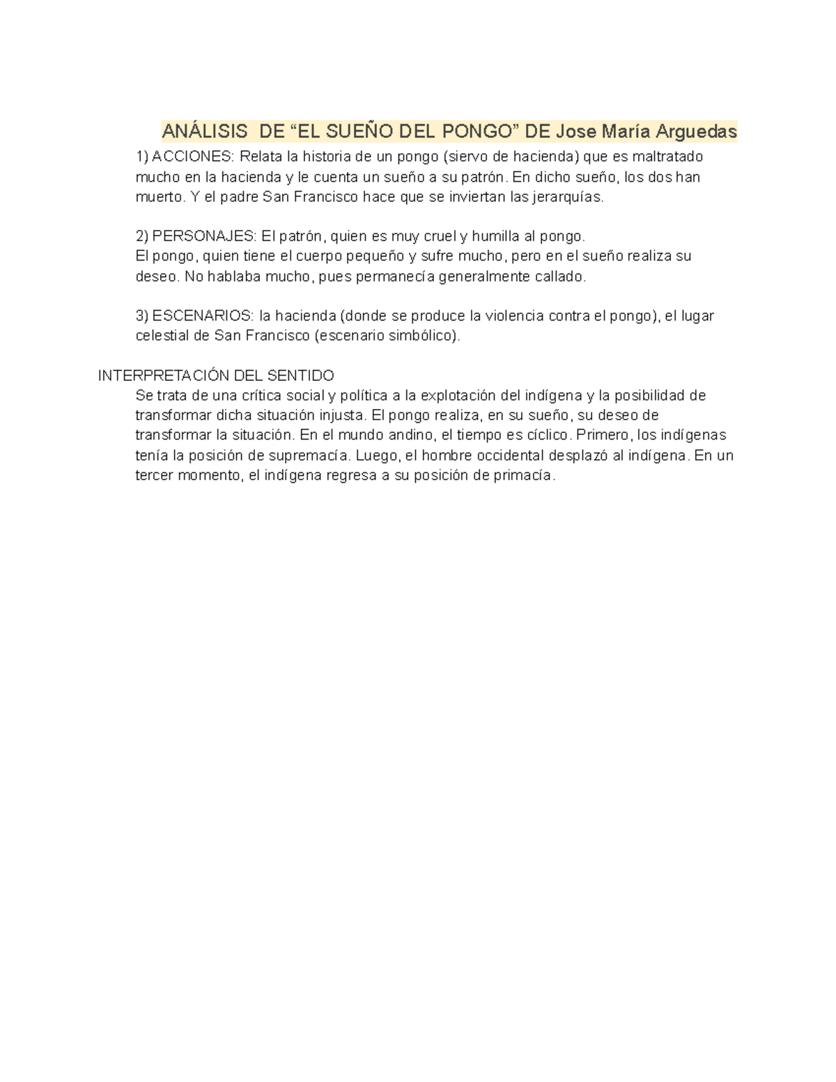 Analisis “EL SUEÑO DEL Pongo” de José María Arguedas - ANÁLISIS DE “EL ...