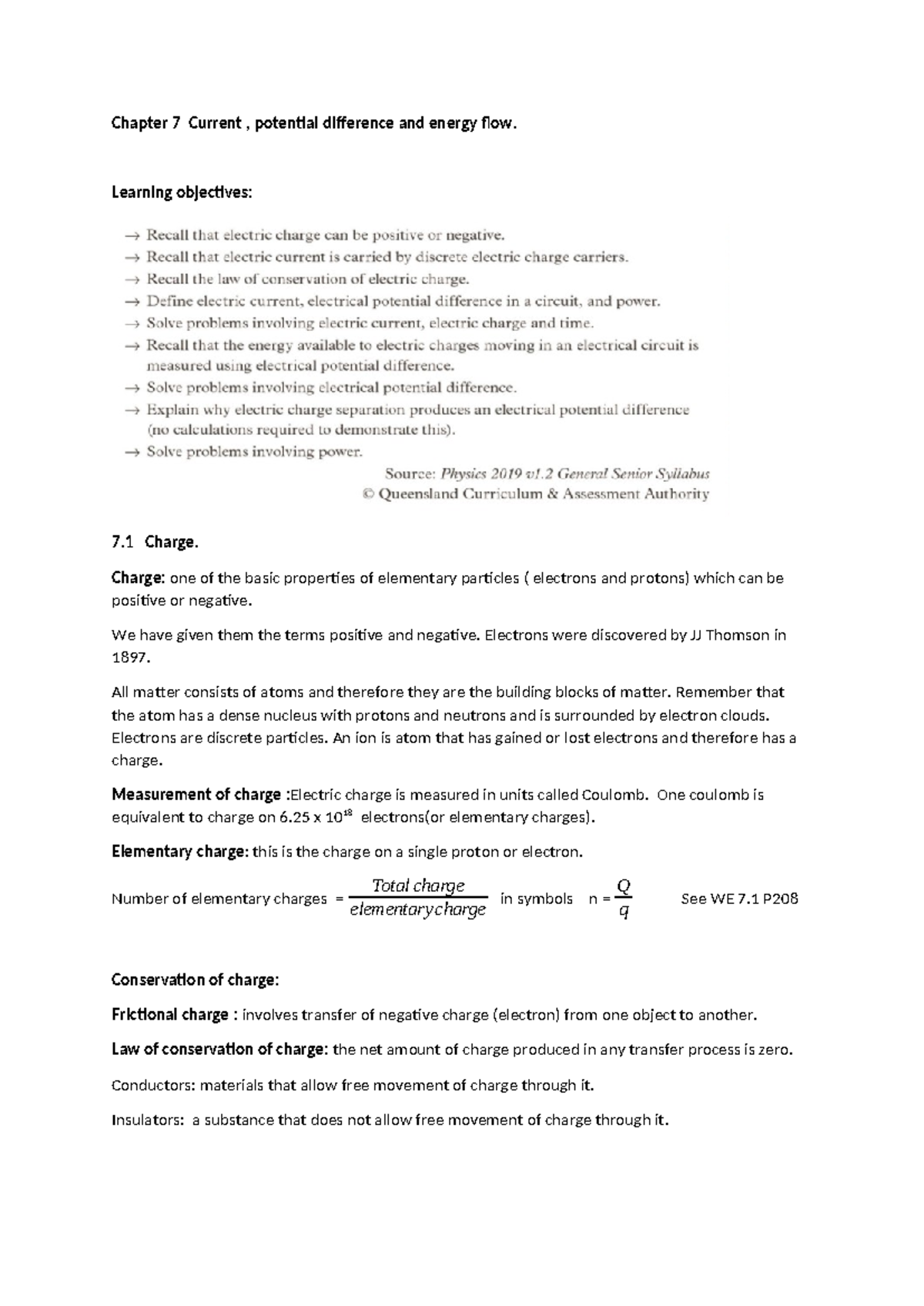 Chapter 7 Current - notes - Chapter 7 Current , potential difference ...