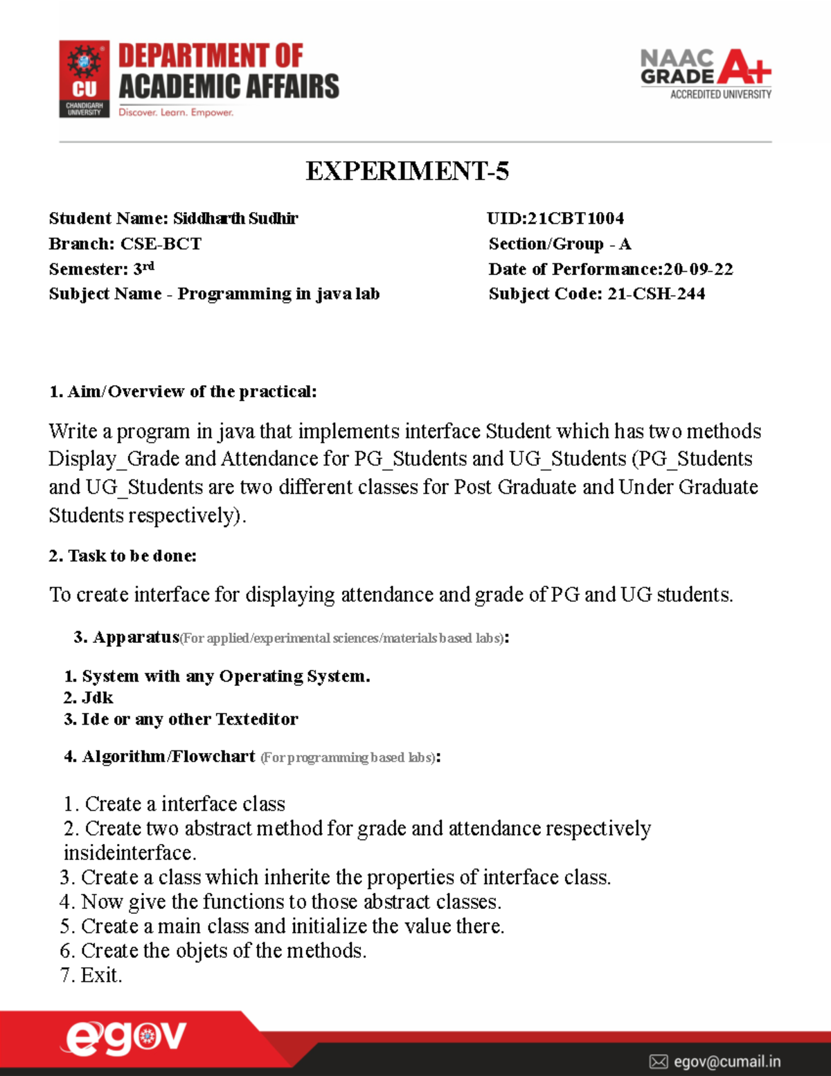 Java 1 - scdvcfdasdcdfcfds - EXPERIMENT- Student Name: Siddharth Sudhir UID:21CBT Branch: CSE ...