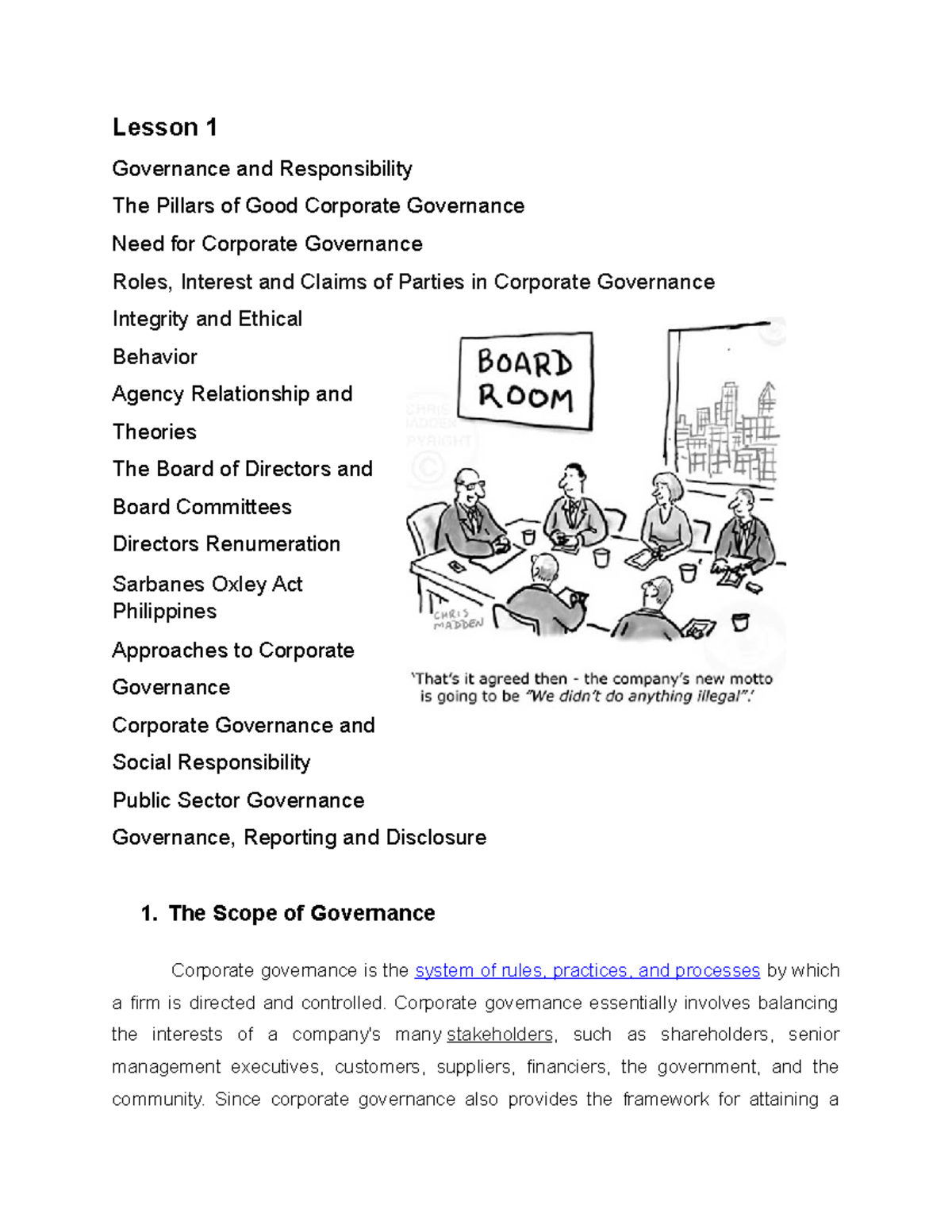Corporate governance chapter 1 - Lesson 1 Governance and Responsibility ...