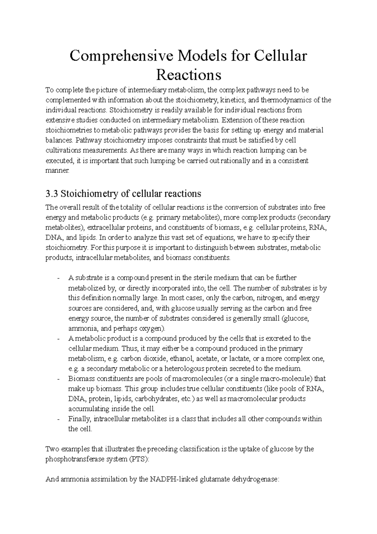 Comprehensive Models for Cellular Reactions - Comprehensive Models for ...