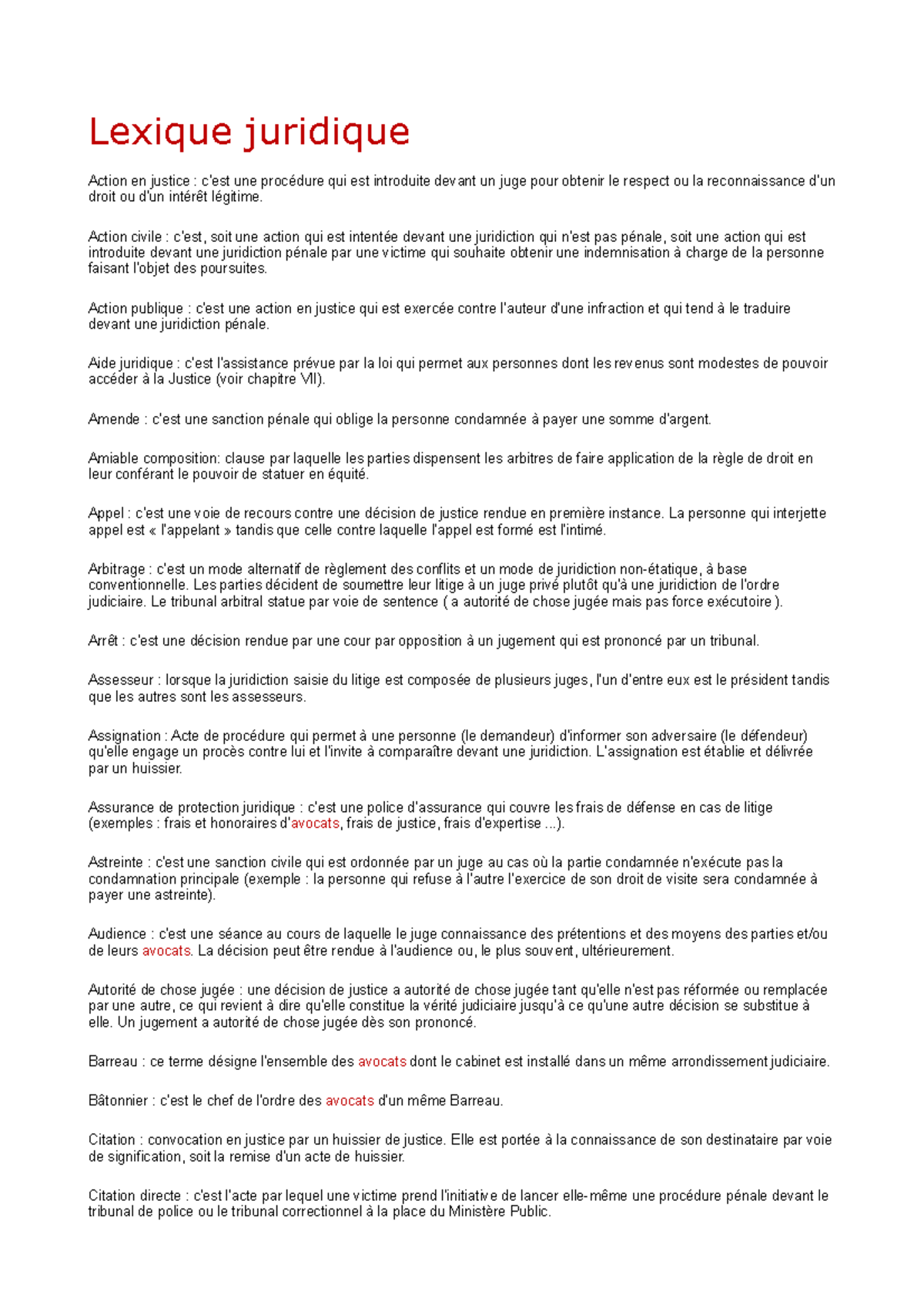 Glossaire - lexique juridique reprenant une majorité de termes utilisés ...