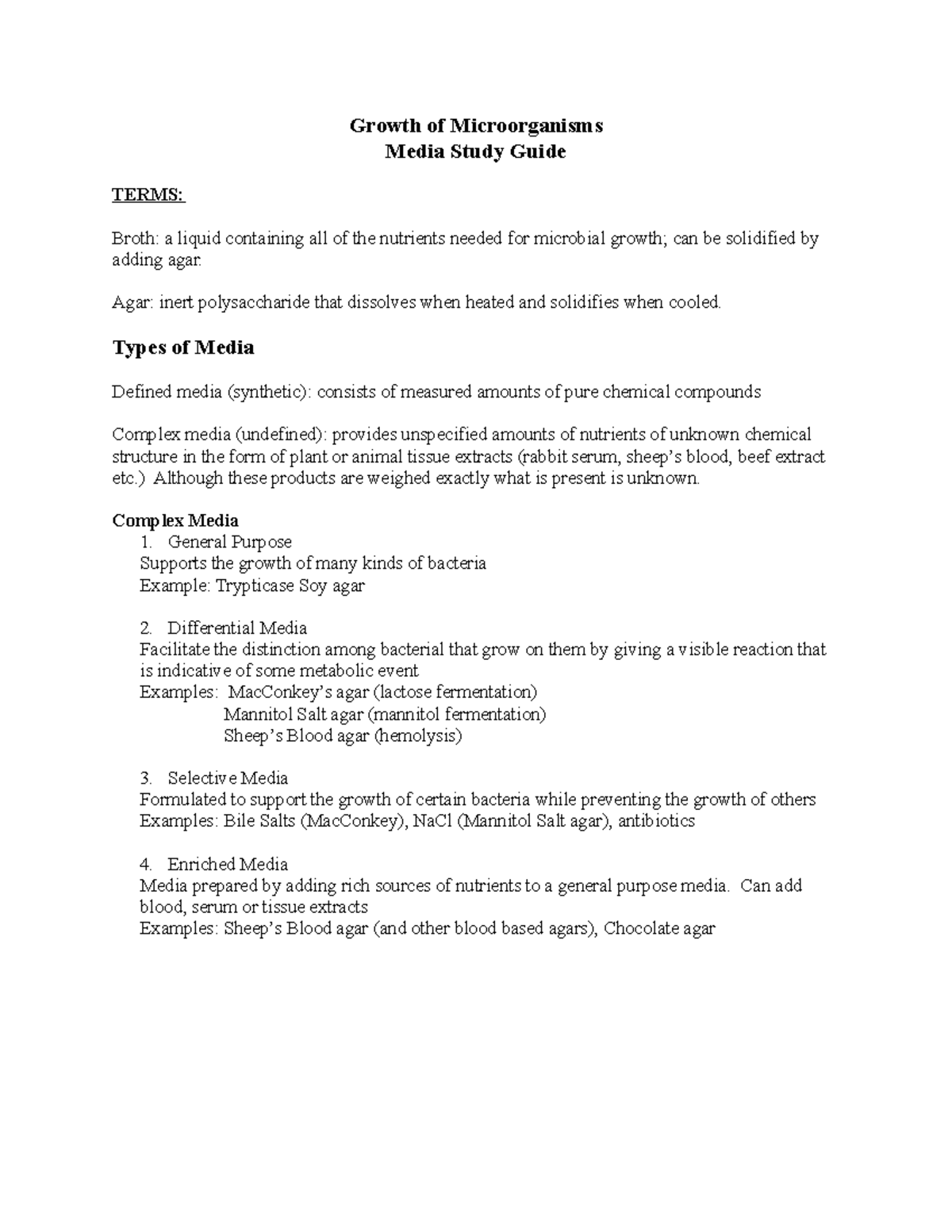 Media Study Guide - Growth of Microorganisms Media Study Guide TERMS ...