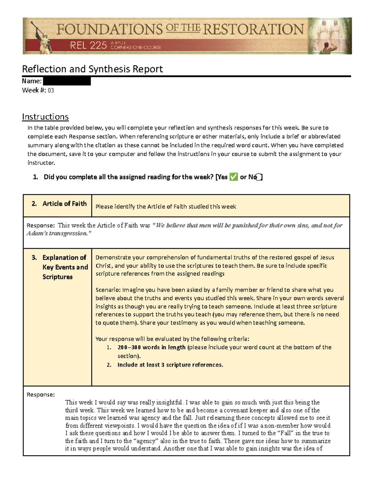 REL225C W03 Reflection And Synthesis - Reflection and Synthesis Report Name: Lauren Dulgarian ...