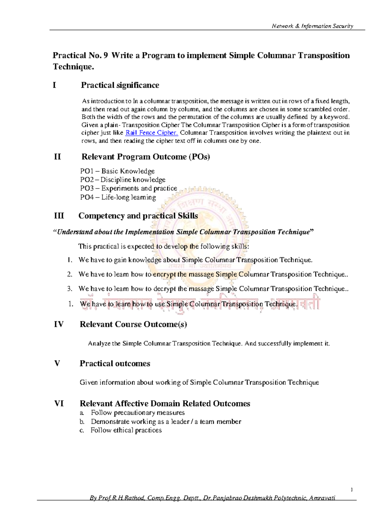 Merged nis pracs - Network & Information Security 1 Practical No. 9 Write a Program to implement ...