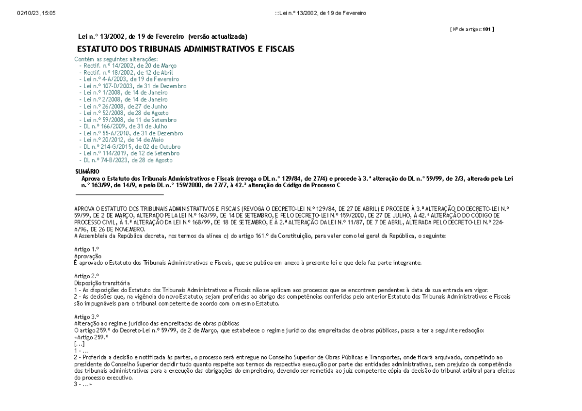 ETAF - resumo - [ Nº de artigos:101 ] Lei n.º 13/2002, de 19 de ...