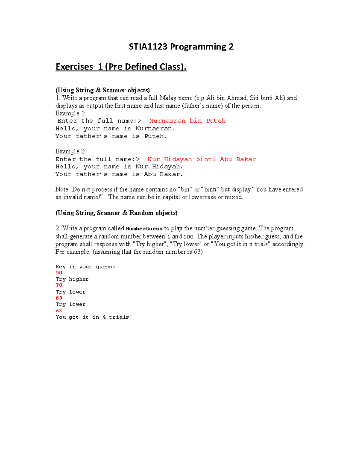 Exercises 1 Predefined Classes Notes Stia1123 Programming 2 Exercises 1 Pre Defined Class