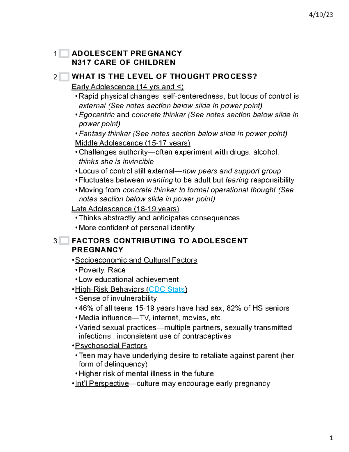 Adolescent pregnancy - 4/10/ 1 ADOLESCENT PREGNANCY N317 CARE OF ...