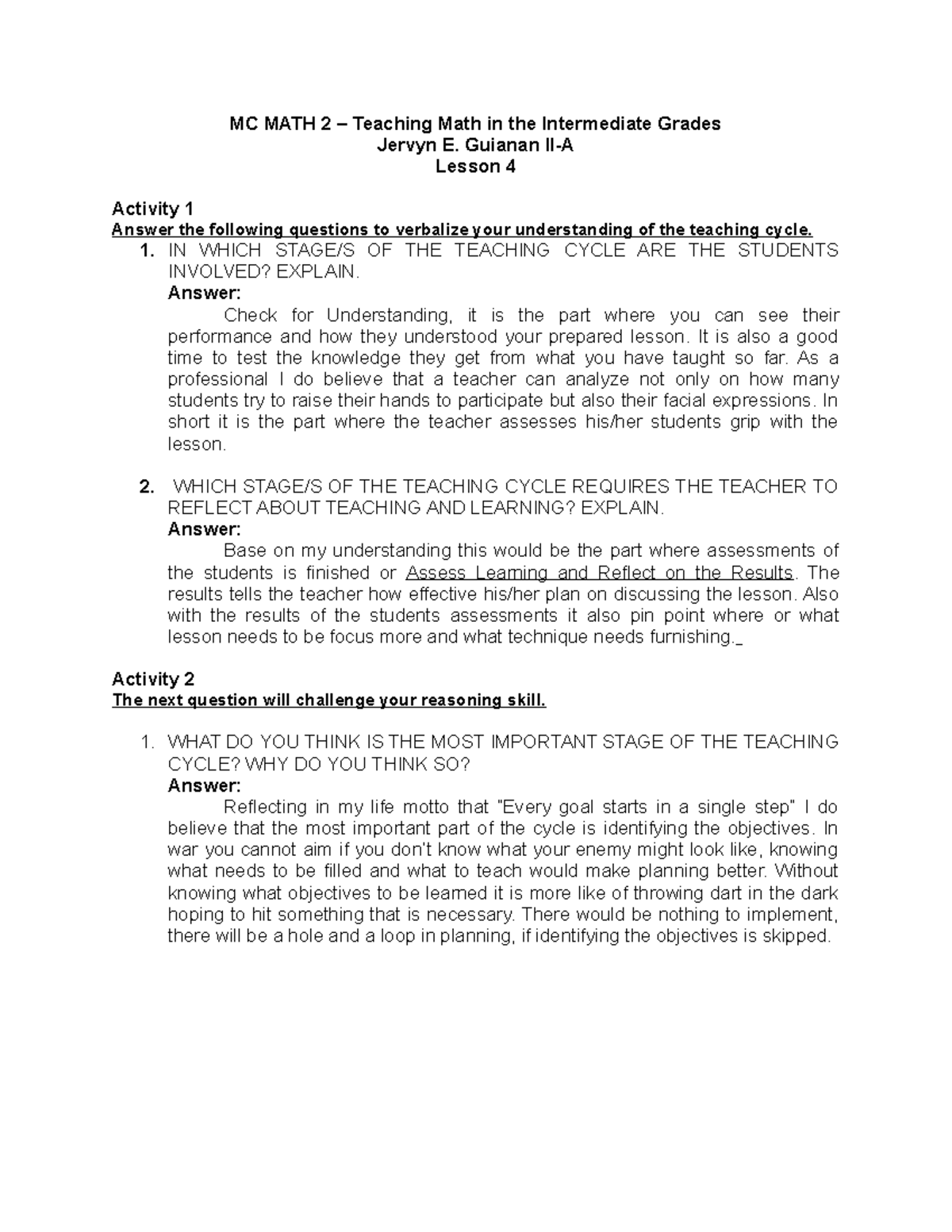 MC MATH 2- Lesson 4 - Activity - MC MATH 2 – Teaching Math in the Intermediate Grades Jervyn E ...