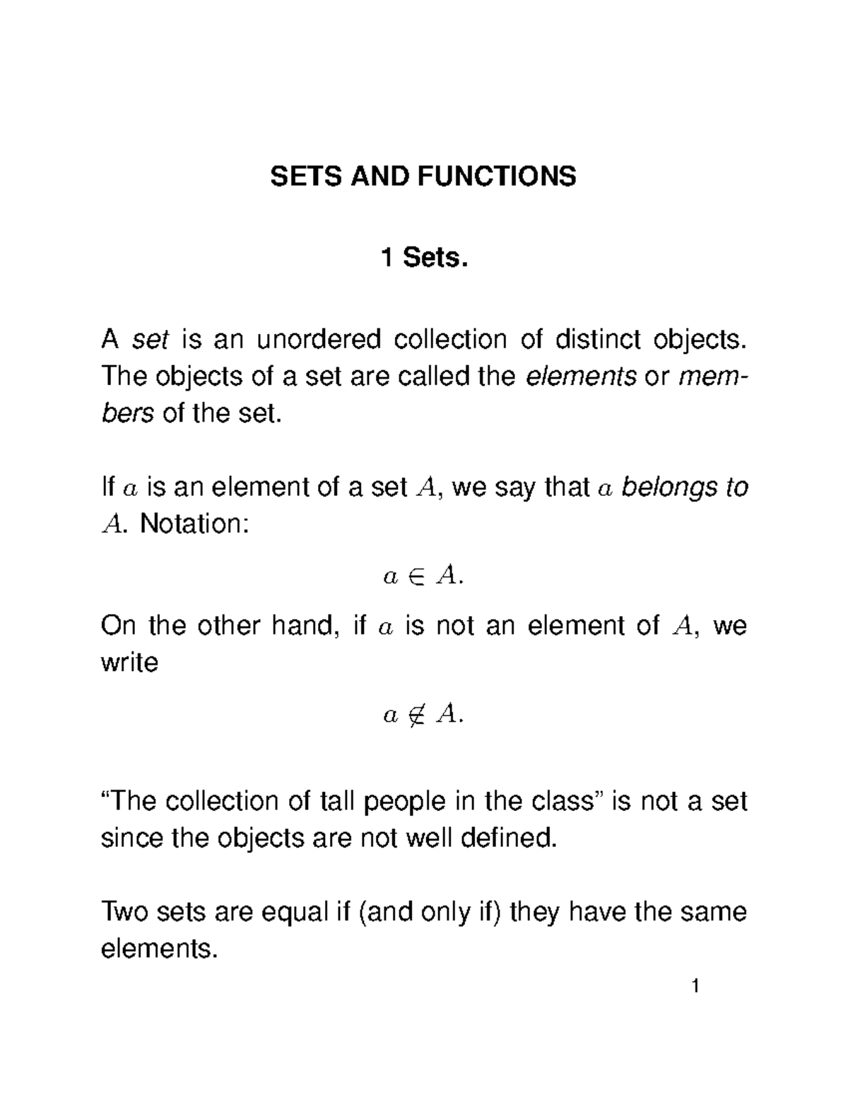 Sets and functions lec note week 1 - SETS AND FUNCTIONS 1 Sets. A set ...