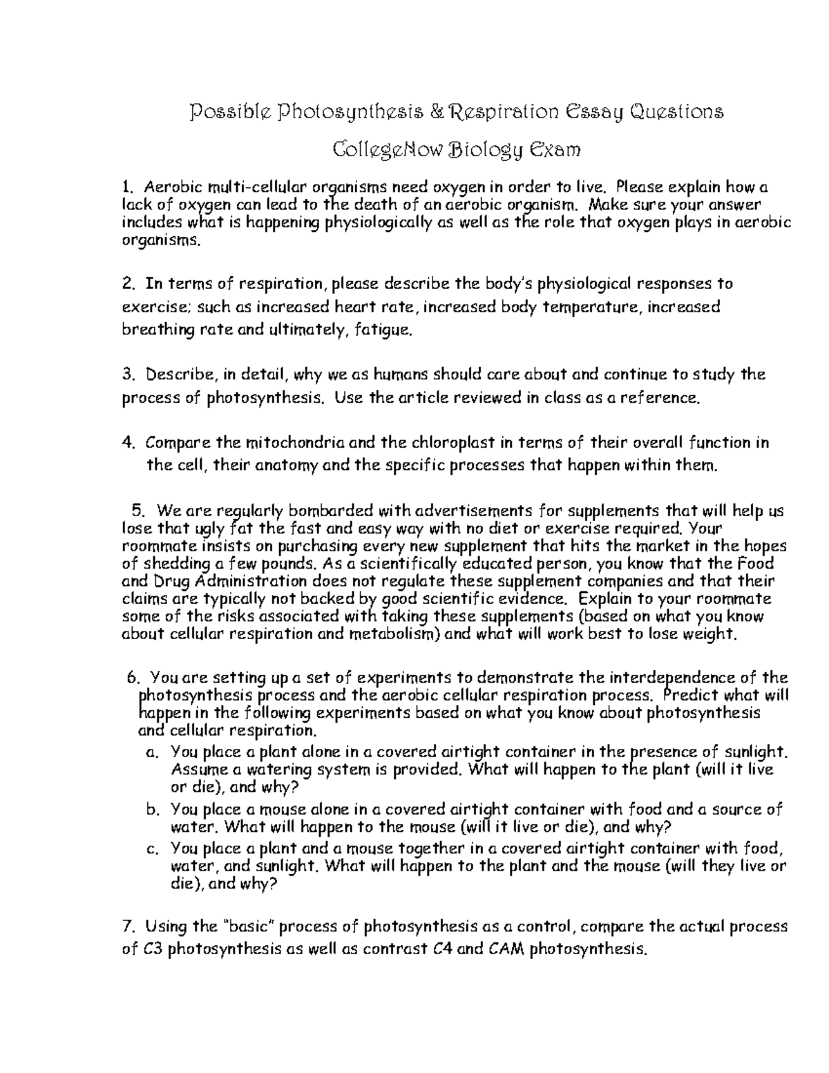 Photosynthesis Respiration Essay Question possibilities - Possible ...