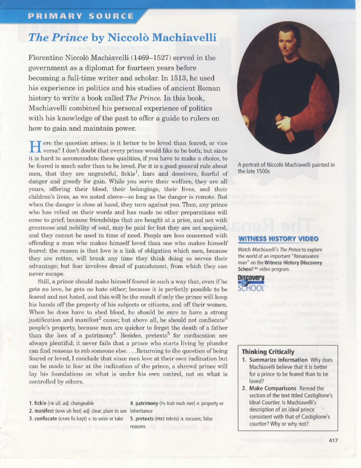 Niccolo Maichiavelli.THE Prince. PAGE 417 - PRIMARY SOURCE The Prince ...