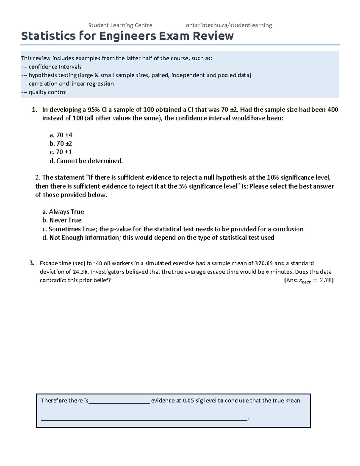 Statistics For Engineers Exam Review W2023 - Statistics for Engineers ...