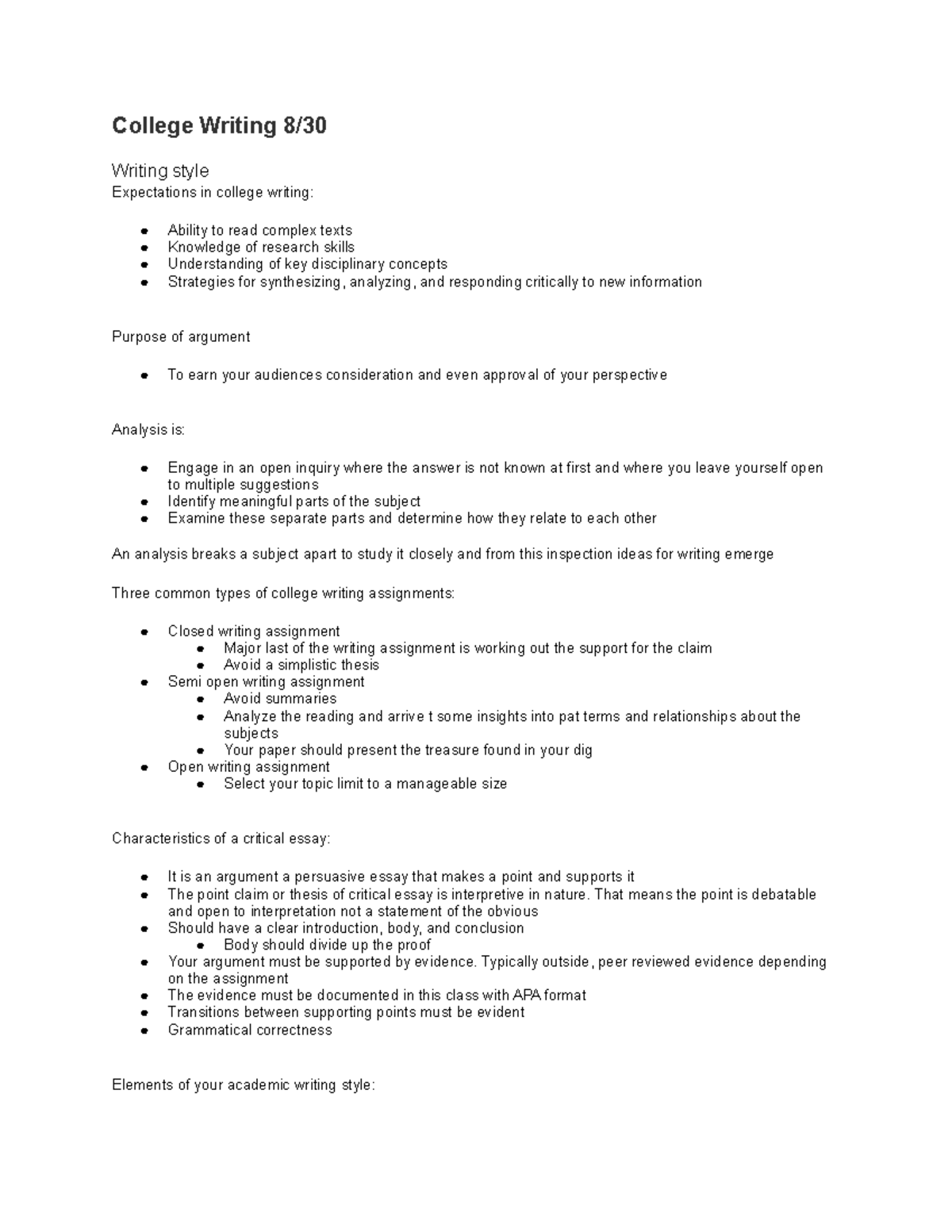 College Writing 8 30 - College Writing 8/ Writing style Expectations in ...