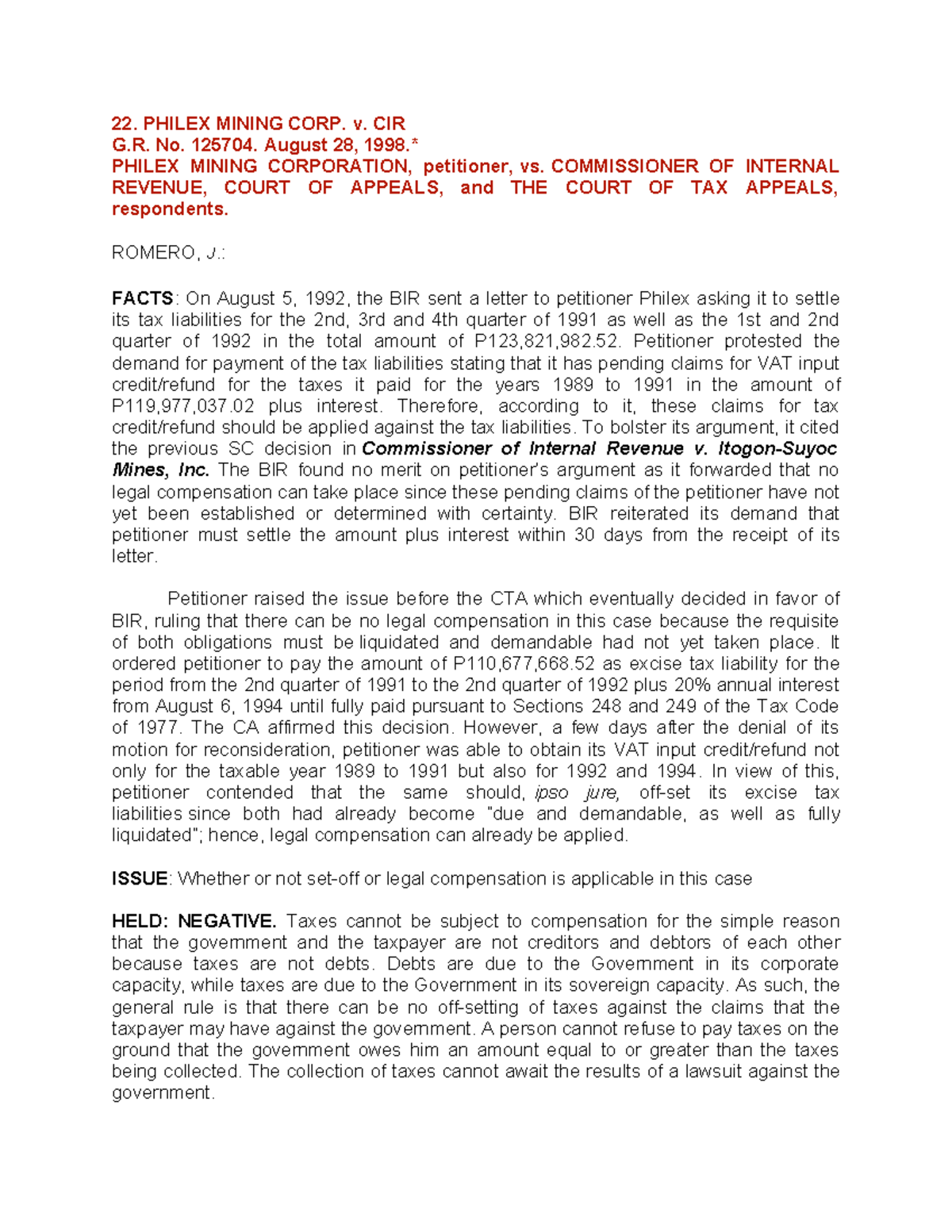 Philex Mining CORP. v. CIR - PHILEX MINING CORP. v. CIR G. No. 125704 ...