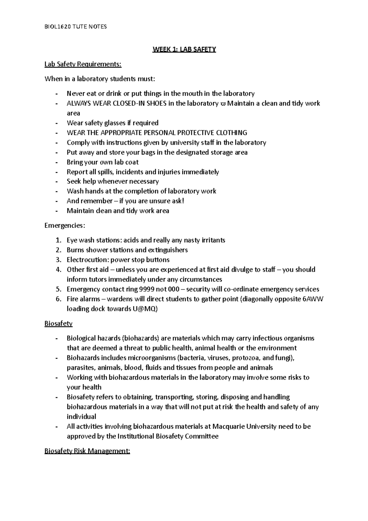 Biol1620 tute notes - WEEK 1: LAB SAFETY Lab Safety Requirements: When ...