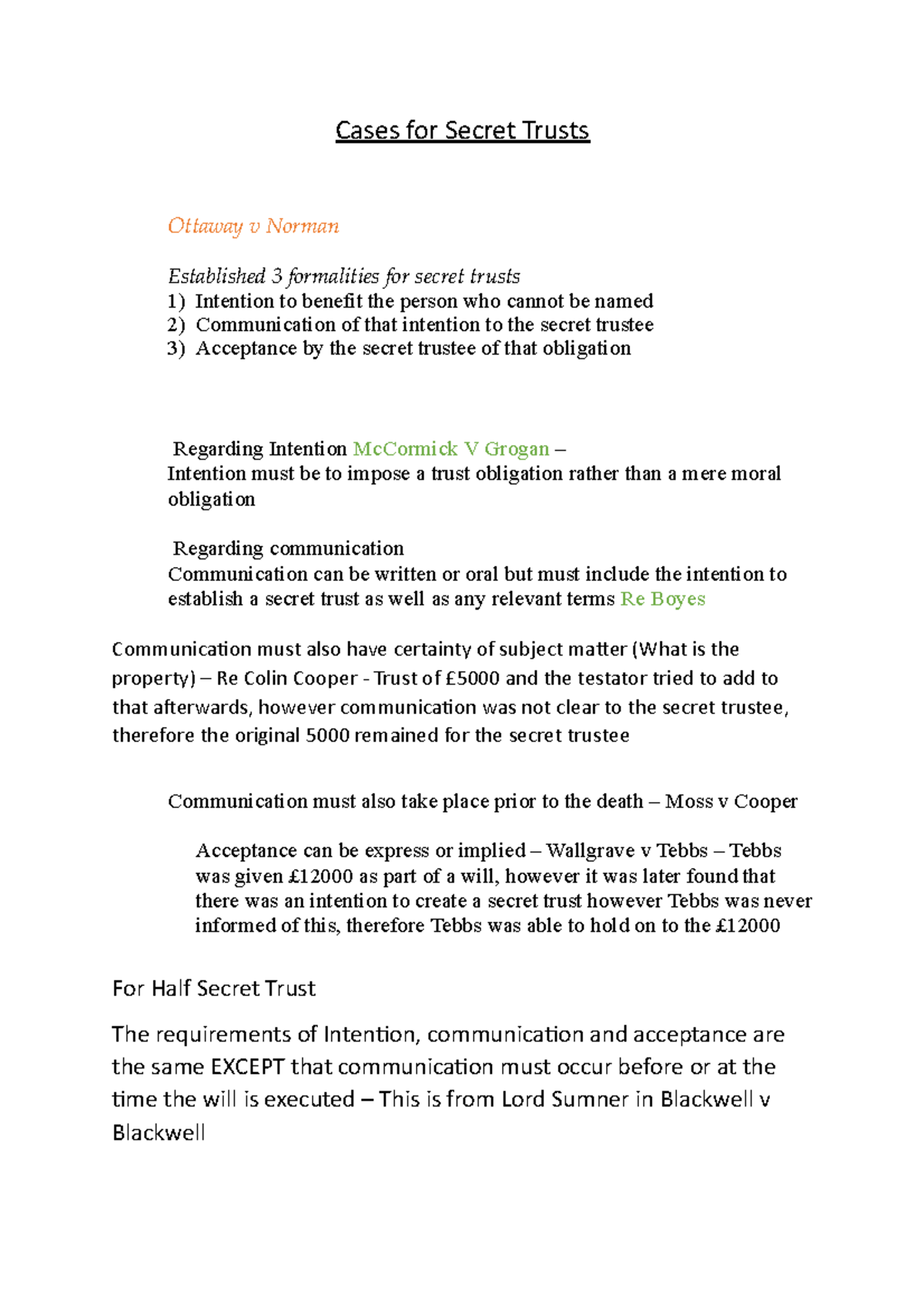 Secret trusts - Lecture notes 1 - Cases for Secret Trusts Ottaway v ...